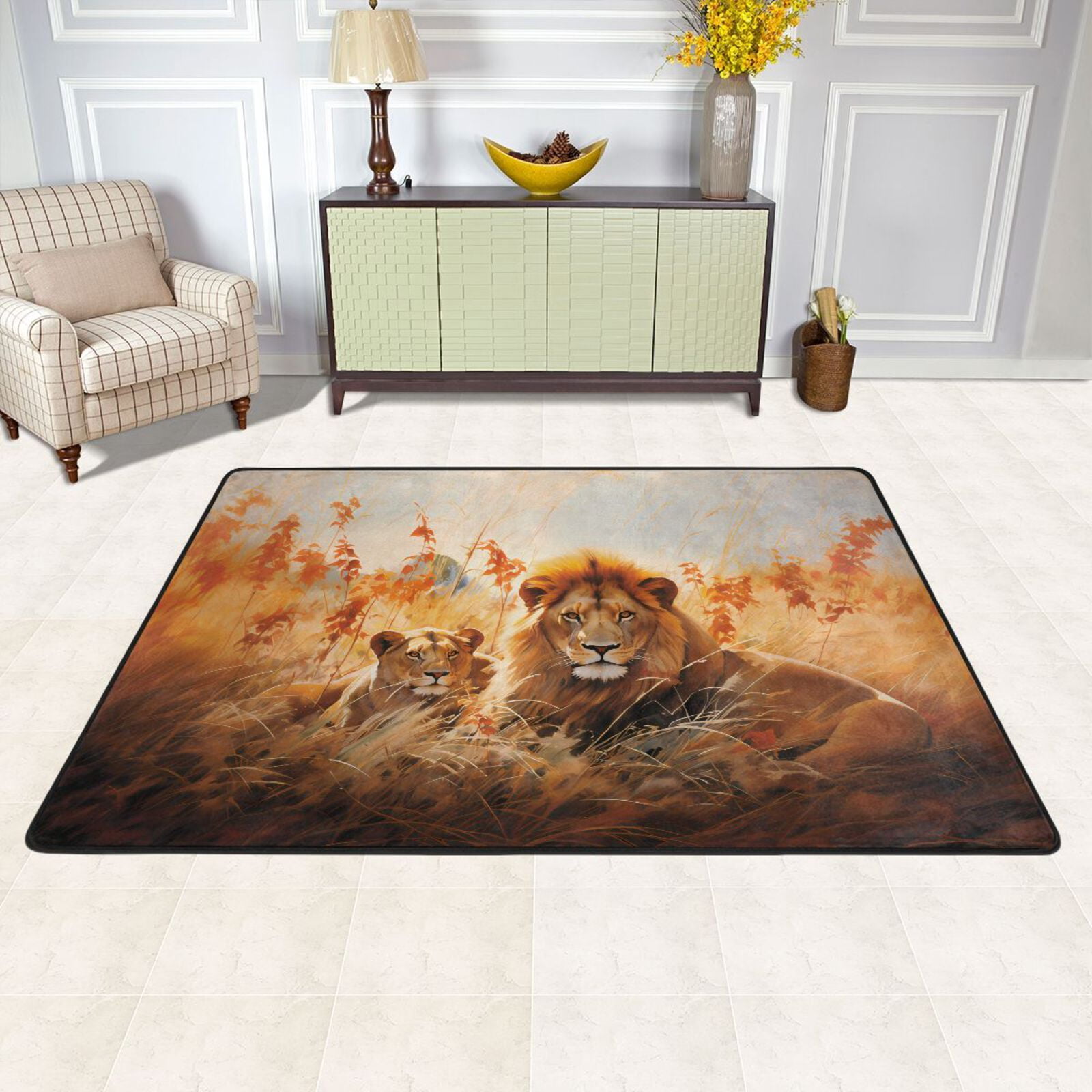 Lions and Leaves Area Rug Washable 72 x 48 Floor Carpet Mat Non Slip ...
