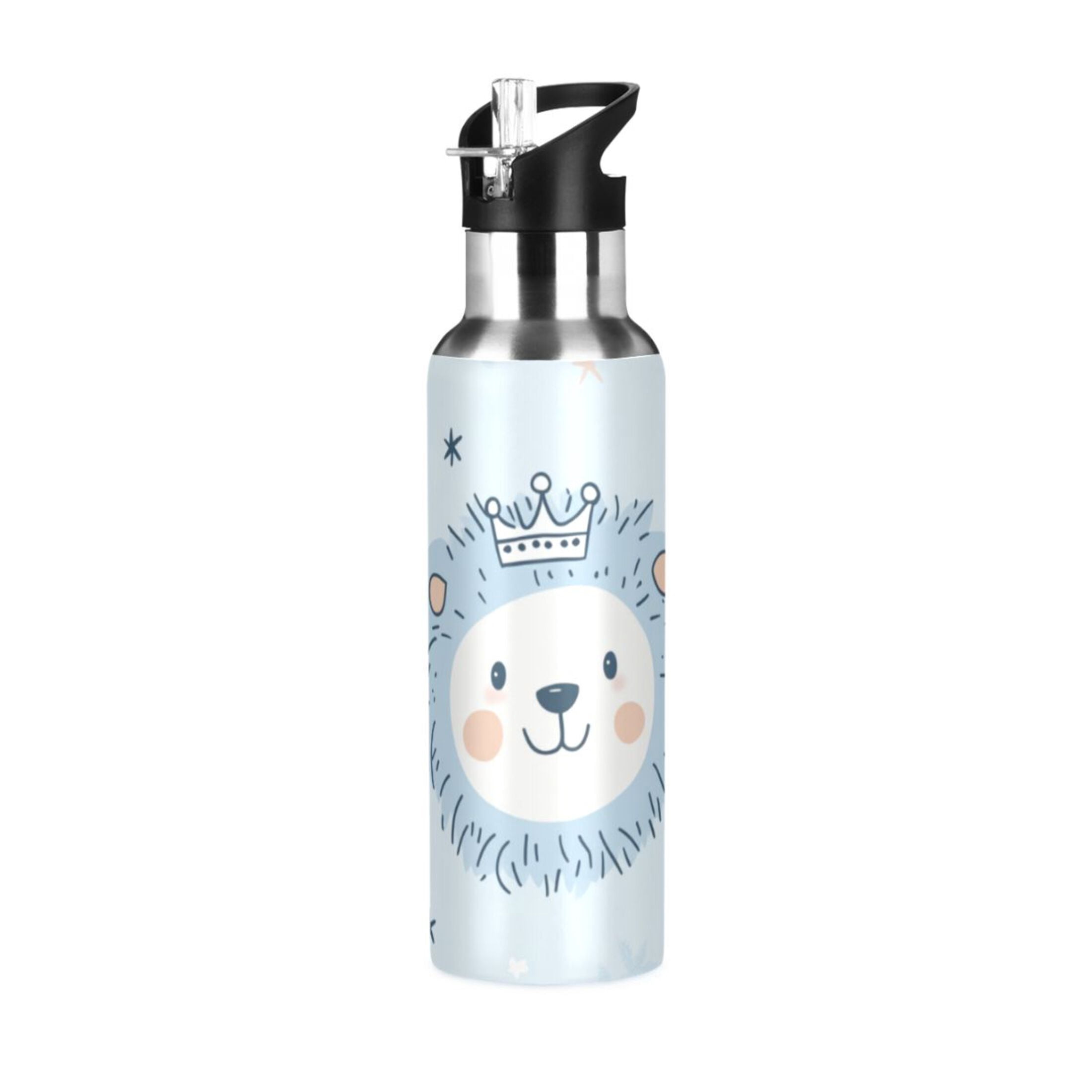 Lions with Crowns on Heads Cute Sports Bottle with Straw Stainless ...