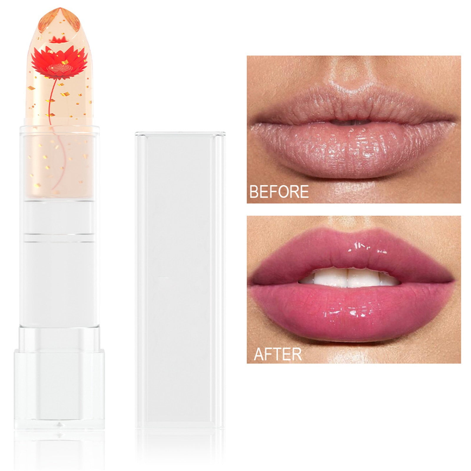 Lip Balm Gloss Transparent Dried Flower Lipstick Gold Leaf Jelly Color ...