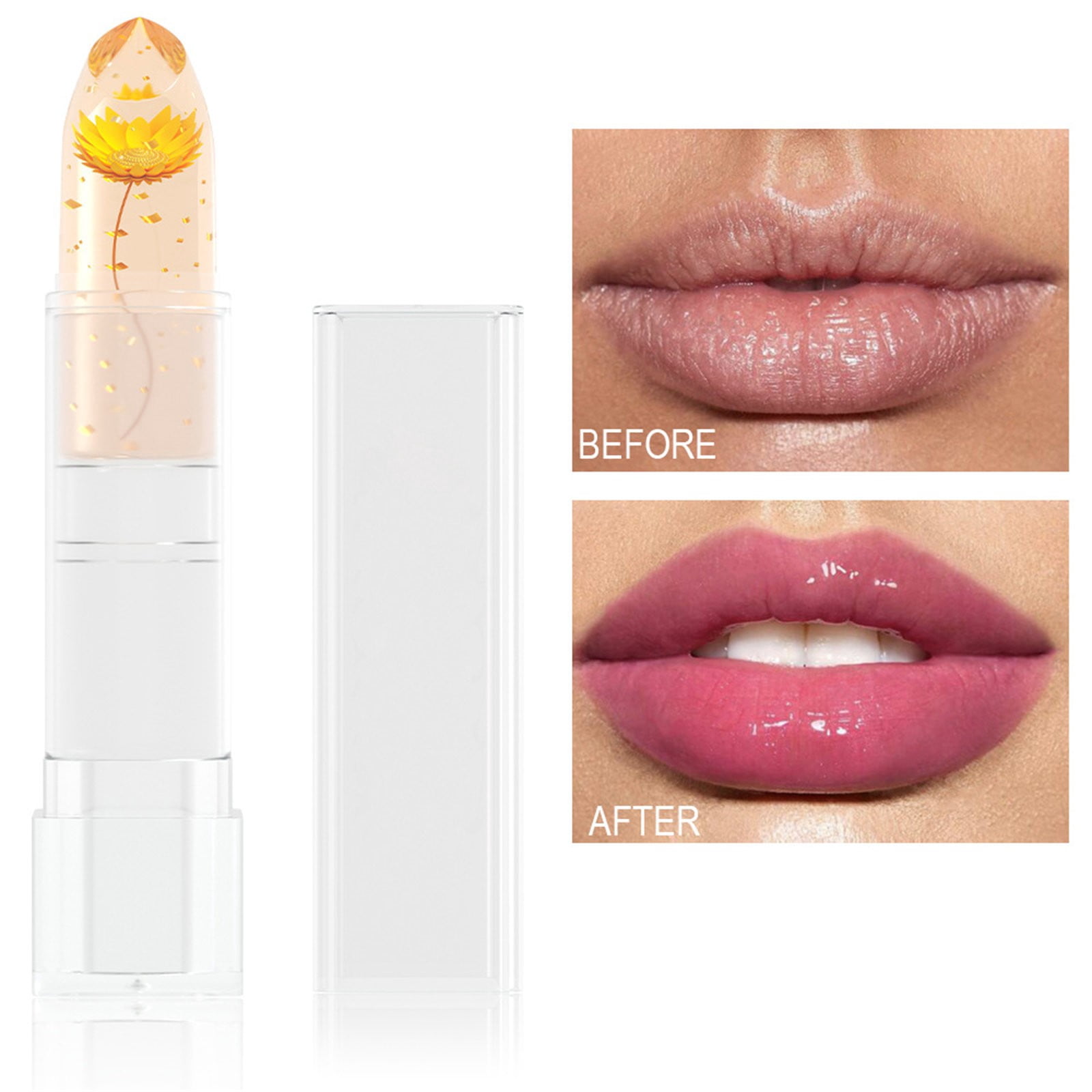 Lip Balm Gloss Transparent Dried Flower Lipstick Gold Leaf Jelly Color ...