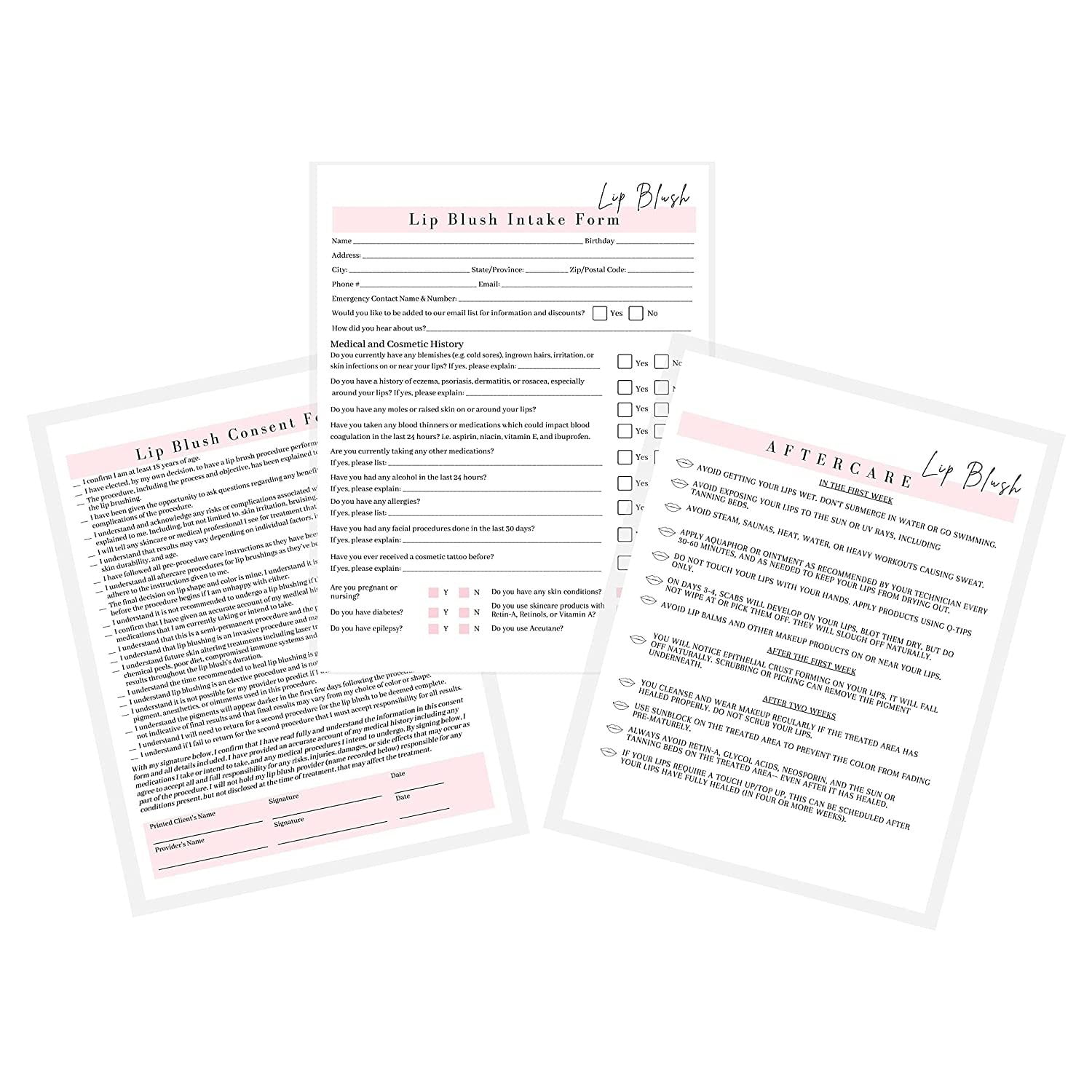Lip Blush Consent Form, Intake Form, Aftercare Form 75 Pack 8.5x11 ...