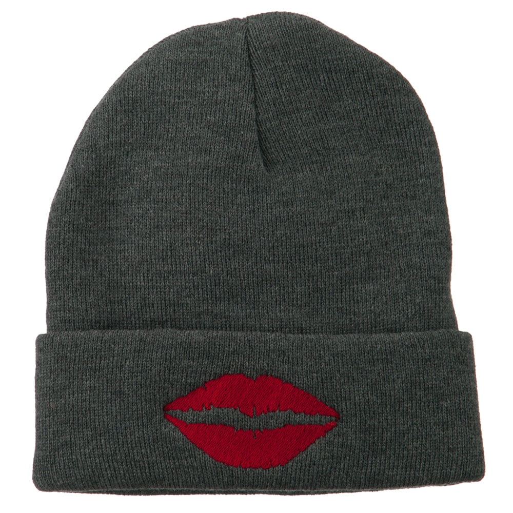 Lip Kiss Embroidered Cuff Long Beanie - Grey OSFM - Walmart.com