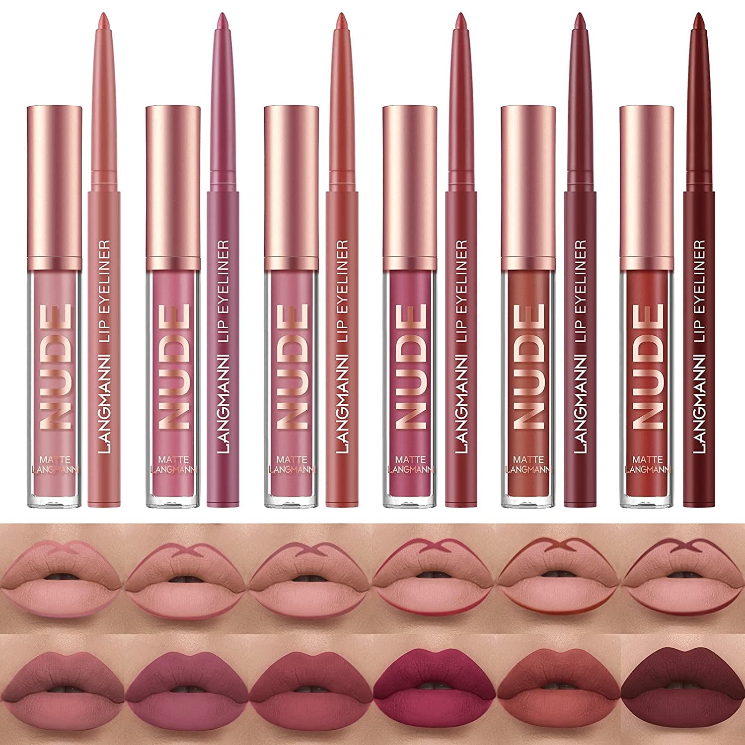 Lip Liner and Lipstick Makeup Set 6 Velvety Matte Liquid Lipsticks + 6 ...