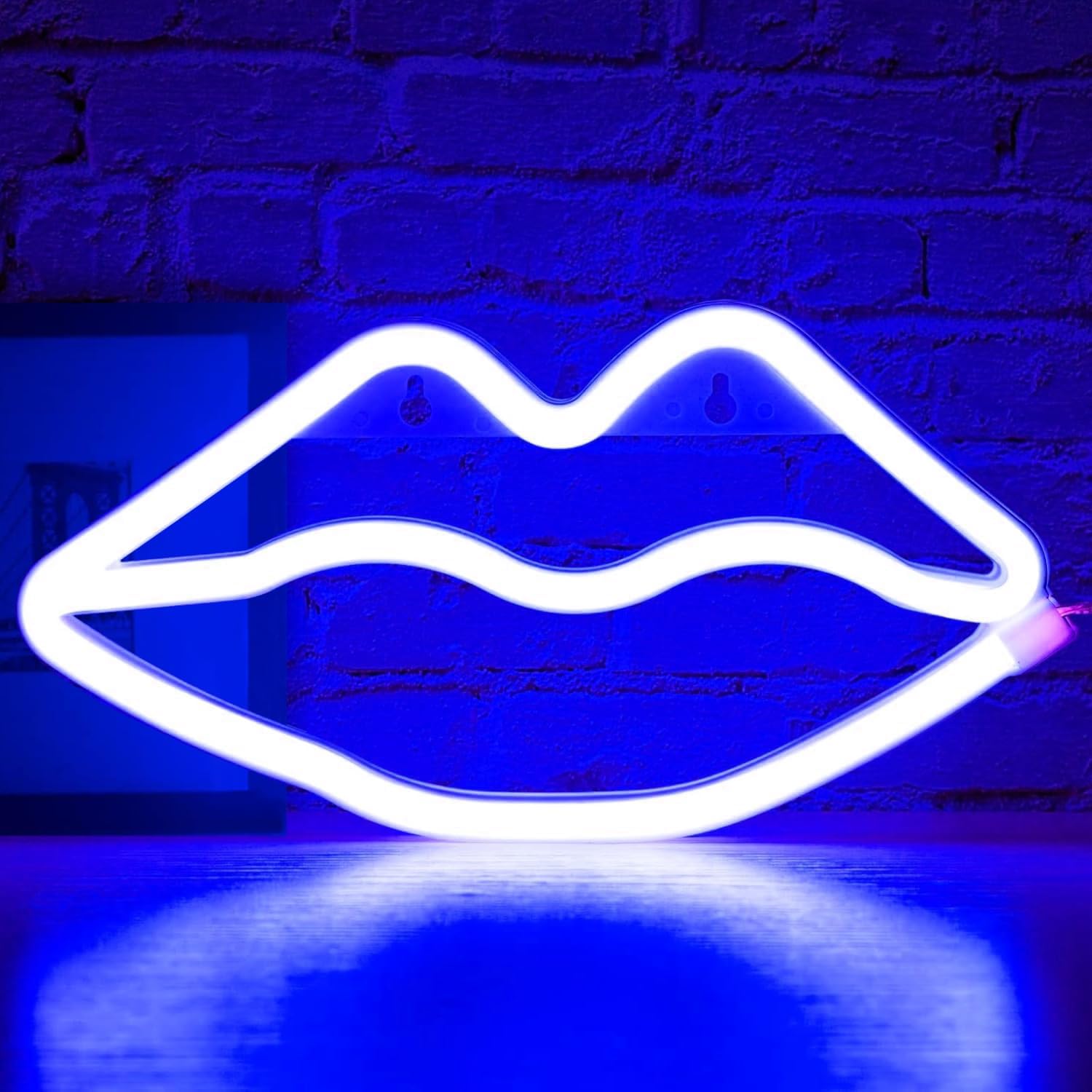 Lip Shaped Neon Signs, Blue LED Lips Sign Lights Neon Night, USB ...