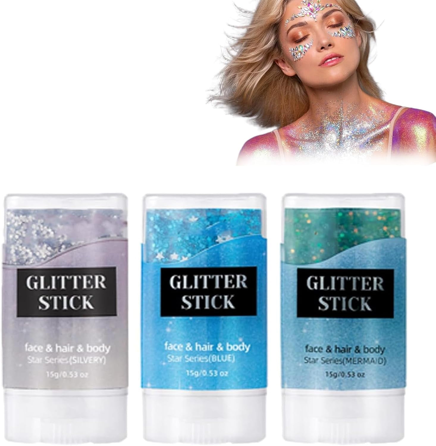 Liplaya Glitter Stick, Glitter Stick Hair and Body, Red White Blue, Holographic Sequins Paint ...