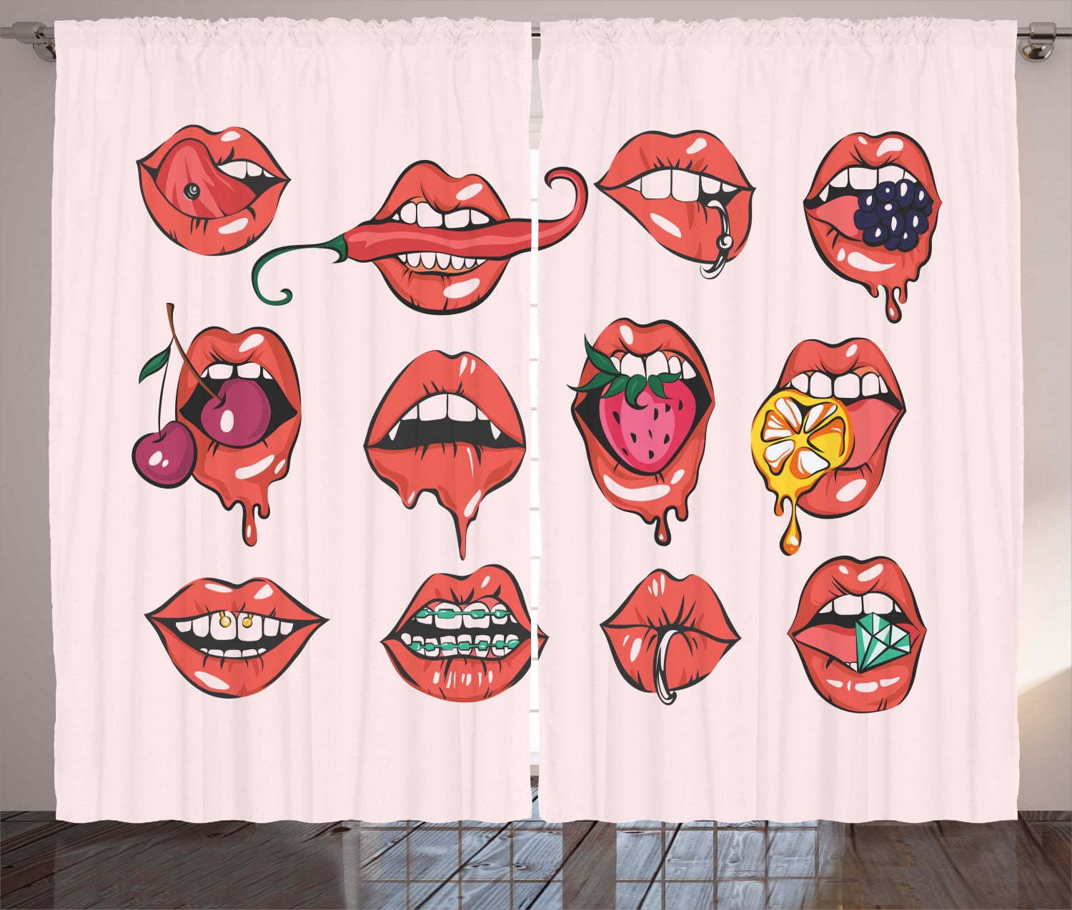 Ambesonne Lips Curtains 2 Panel Set, Pierced Tongue Teeth Braces, 108 ...