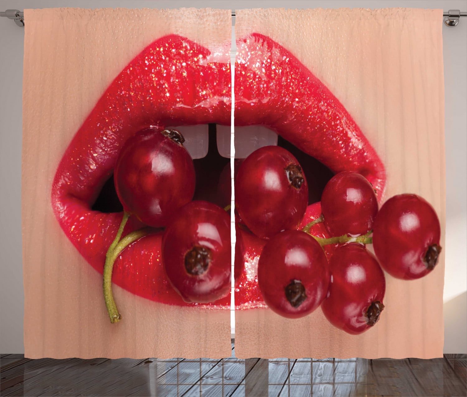 Ambesonne Lips Curtains 2 Panel Set, Red Current Berry Branch Image ...