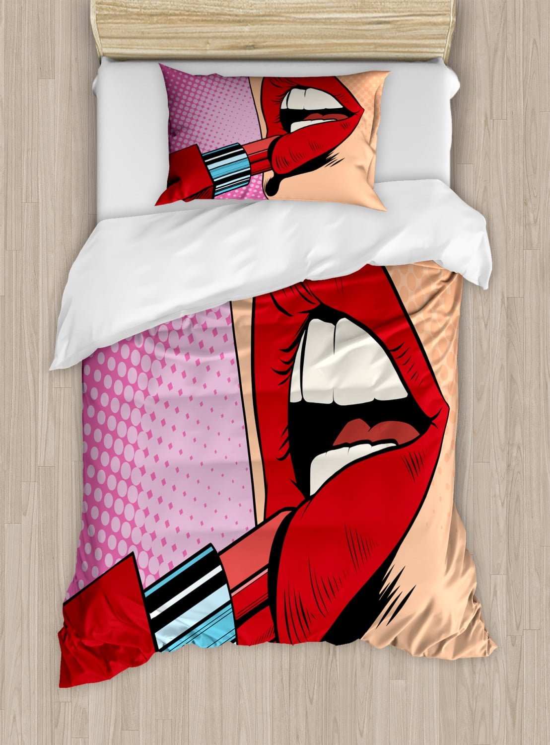 Lips Duvet Cover Set Twin Size, Retro Comic Pop Art Girl Applying Red ...