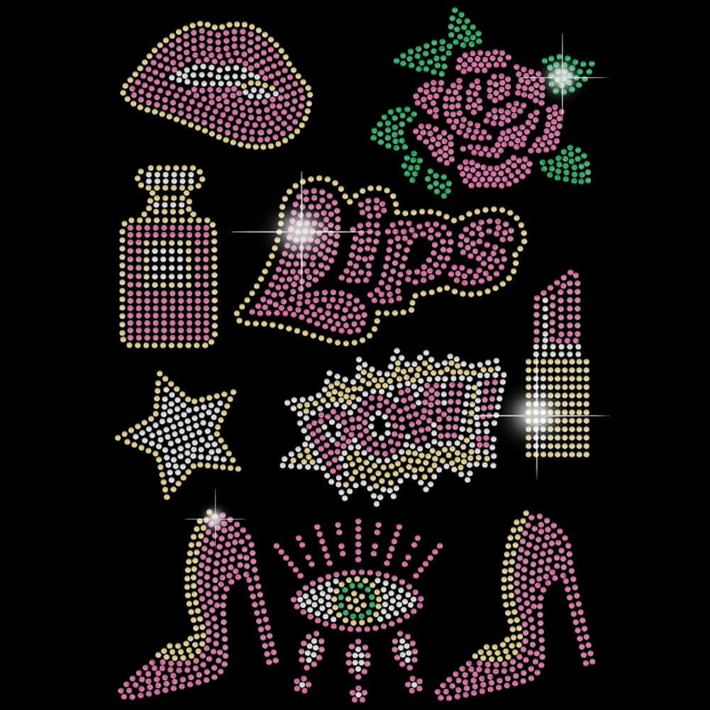 Lips Iron on Rhinestones Transfer Lipstick High heels Roses Perfume ...