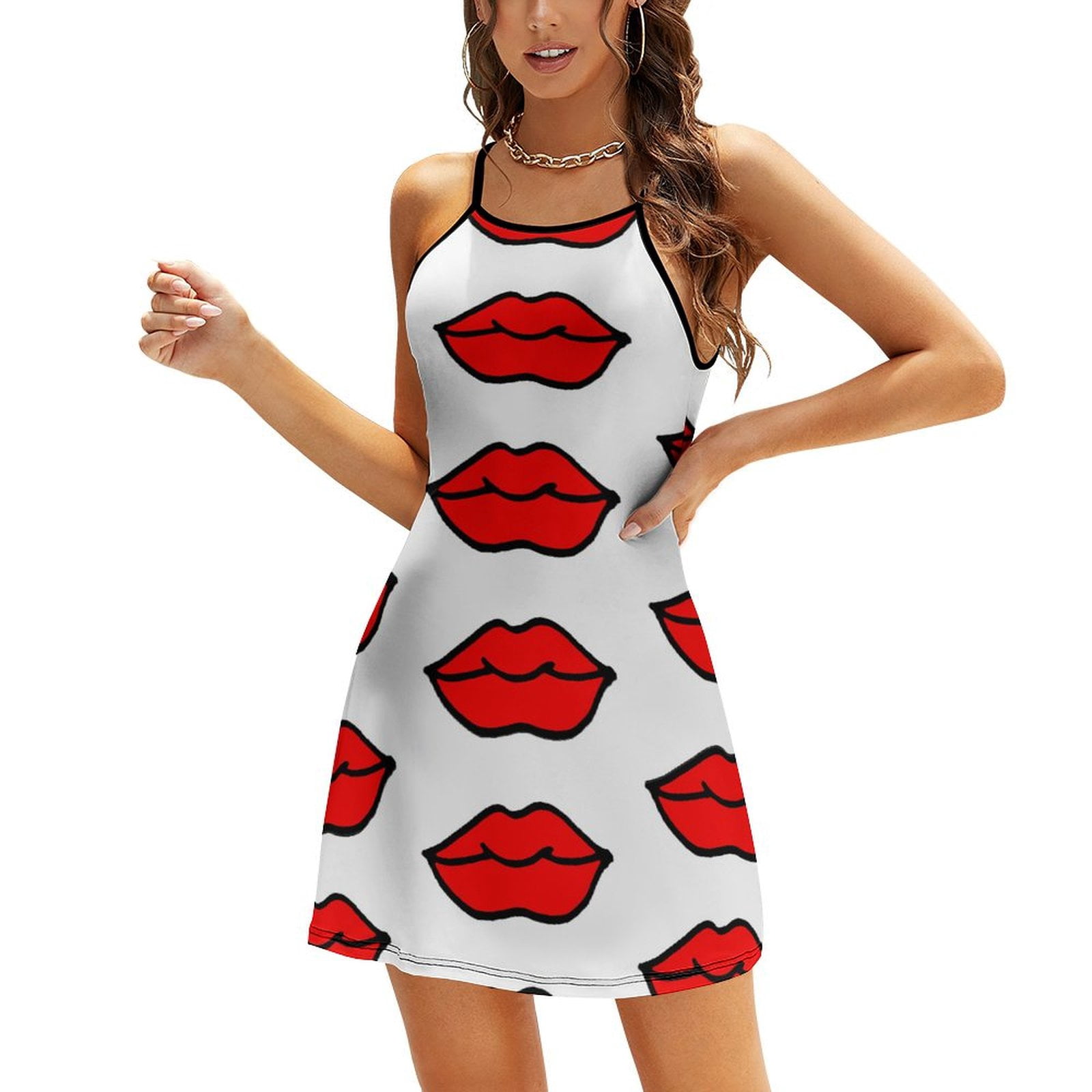 Lips! Women's Sleeveless Spaghetti Strap Mini Short Dress Swing Summer ...