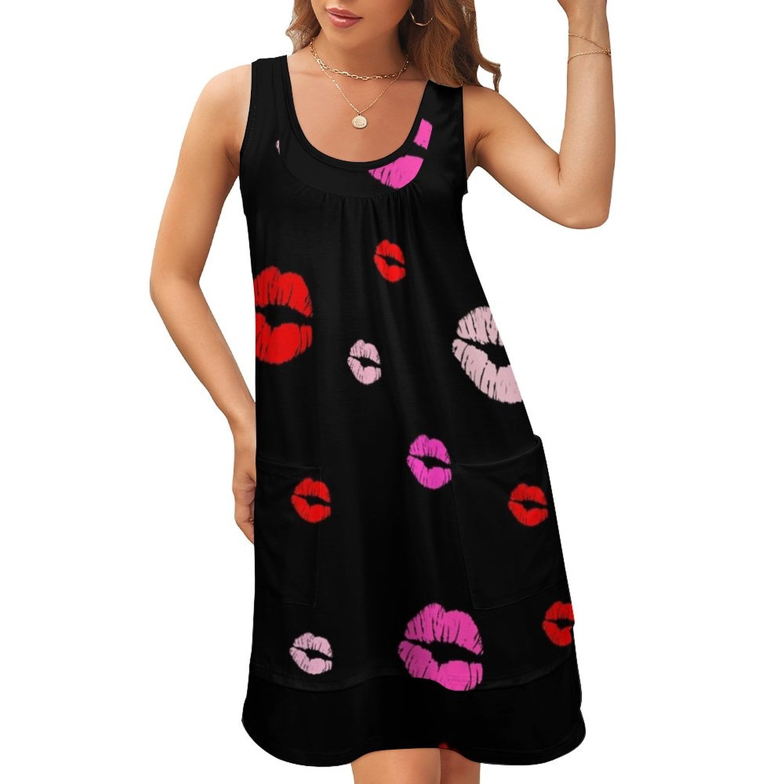 Lipstick Kisses Black Sleeveless U-Neck Fake Two Piece Dress wedding ...