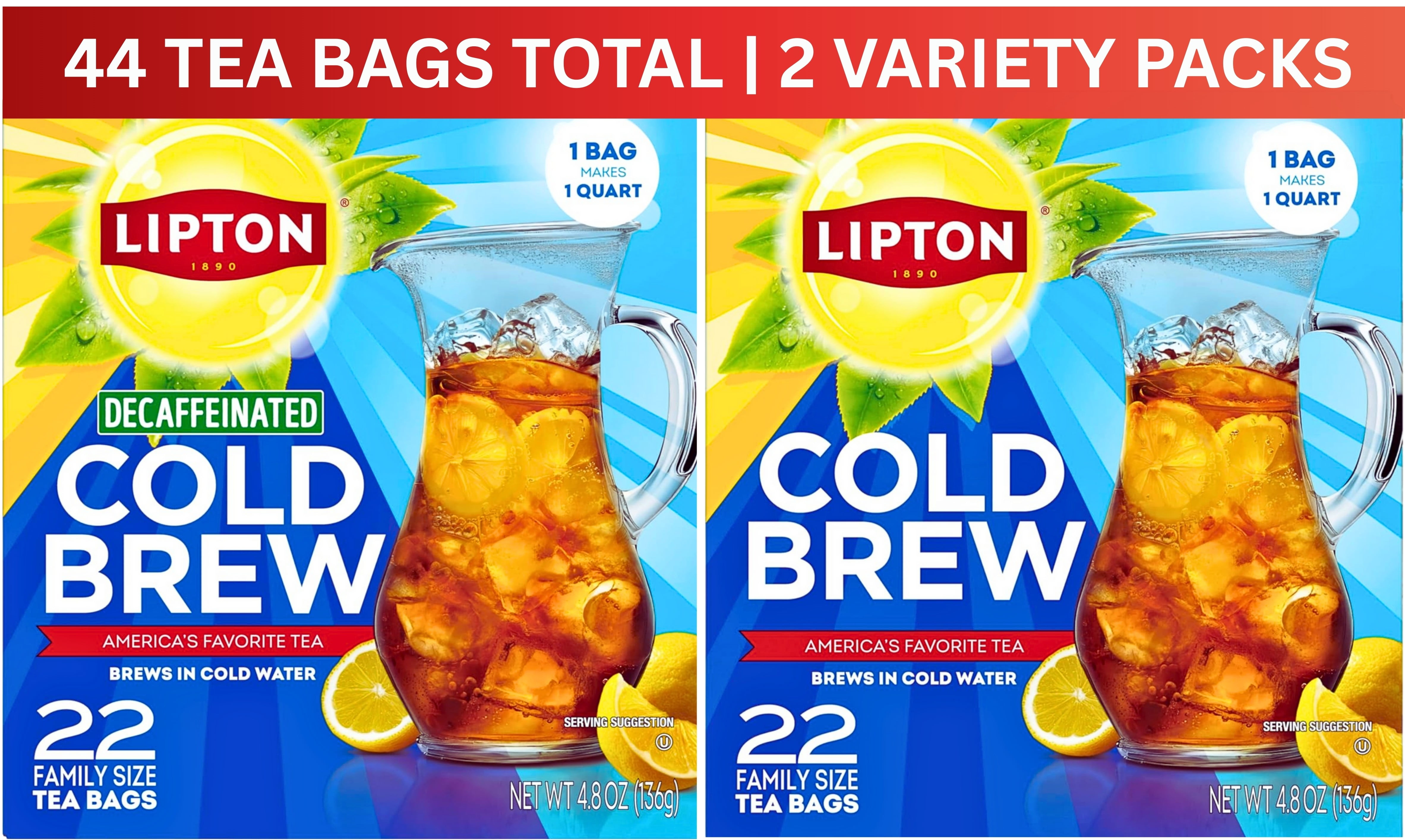 Lipton Cold Brew Iced Tea Variety Pack, Regular + Decaf Black Tea, 44 ...