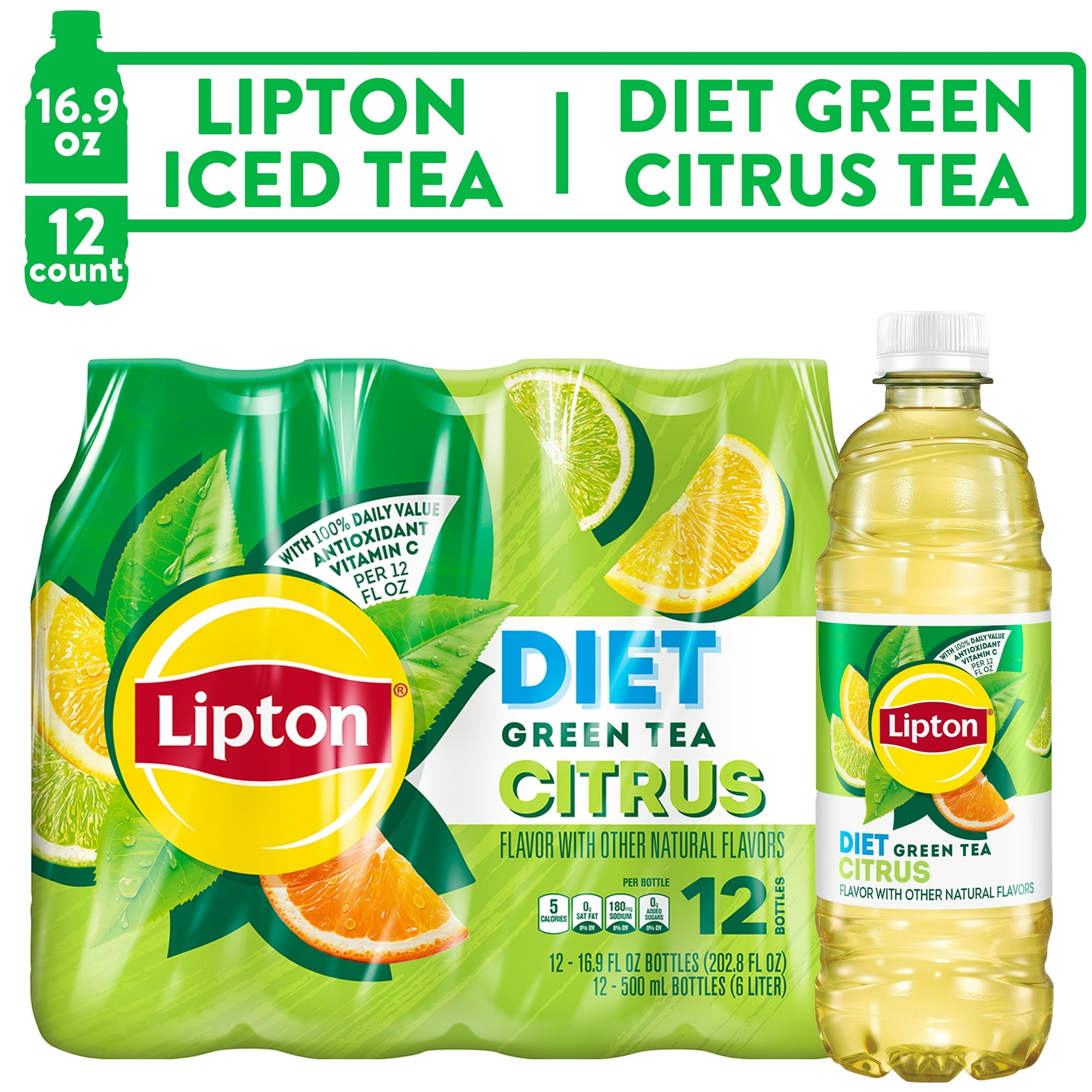 Lipton Diet Green Tea Citrus Iced Tea, Bottled Tea Drink, 16.9 fl oz ...