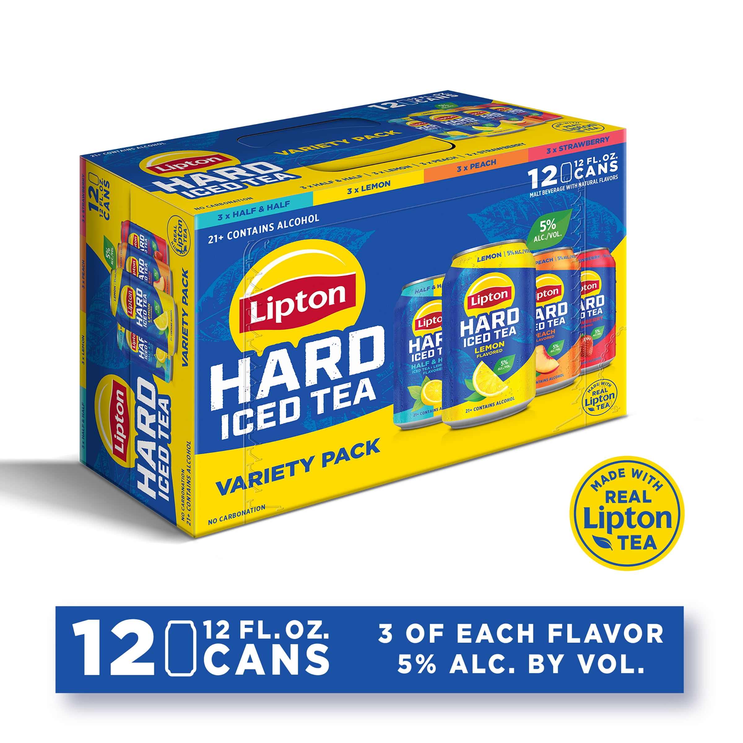 Lipton Hard Iced Tea Beverage Variety Pack, 12 Pack, 12 fl oz Cans, 5% ...