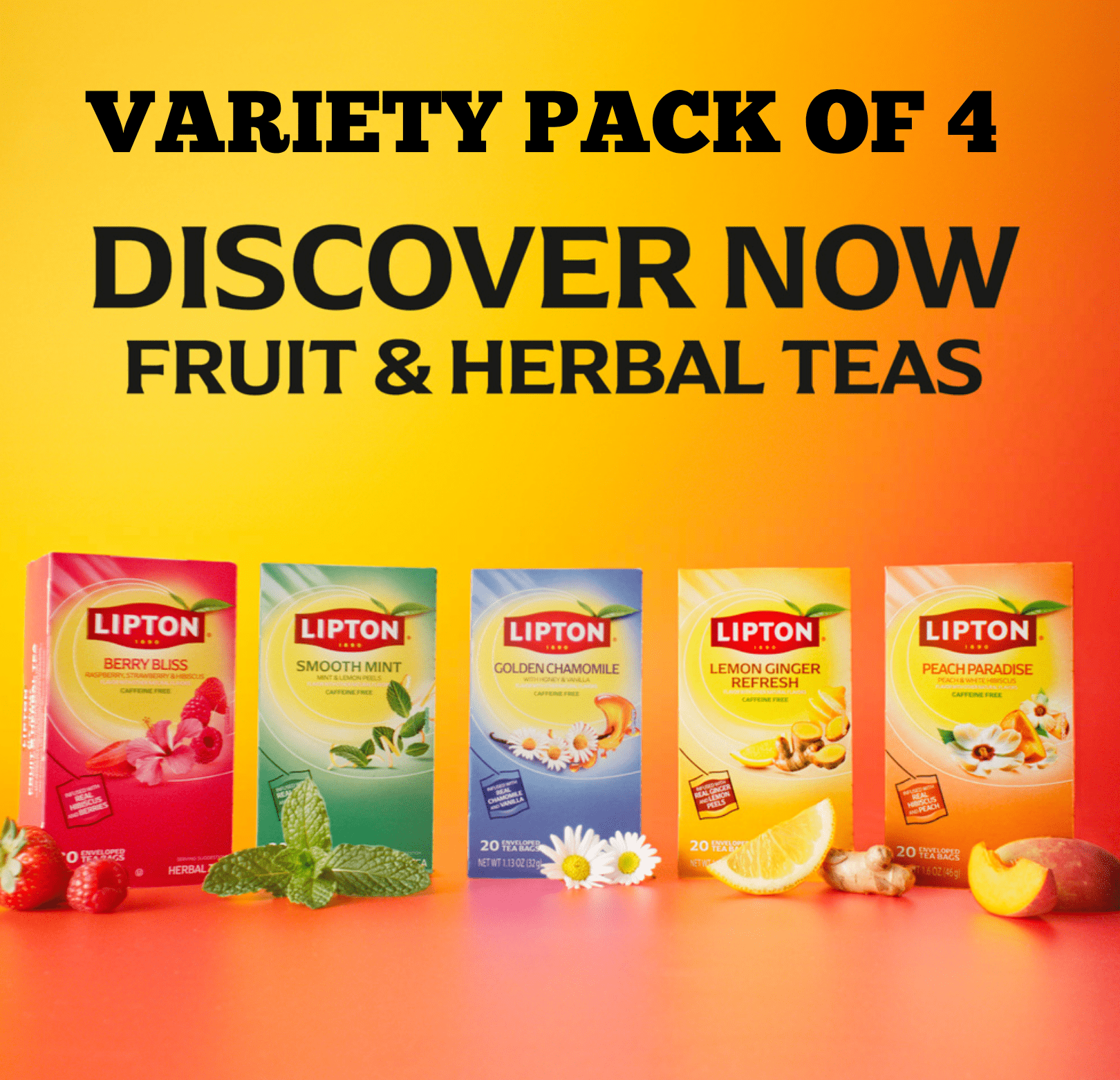 Lipton Herbal Tea Variety Pack, Lemon Ginger, Smooth Mint, Golden ...