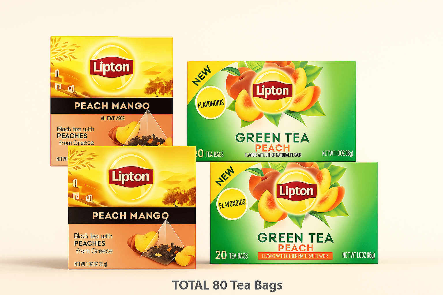 Lipton Peach Green Tea & Peach Mango Black Tea Variety Pack, 80 Tea ...