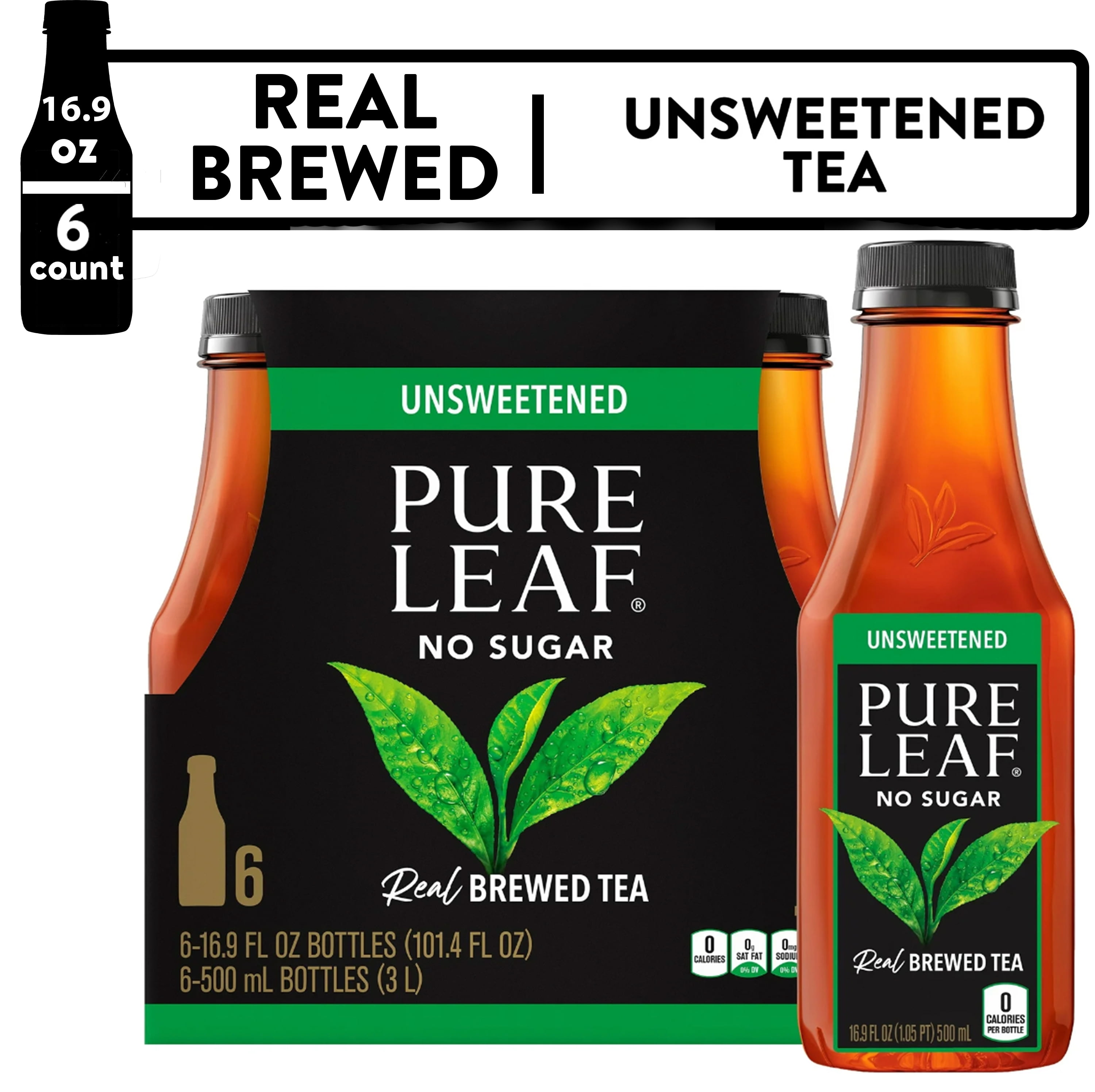 Lipton Pure Leaf Unsweetened Real Brewed Black Iced Tea, 16.9 fl oz, 6 ...