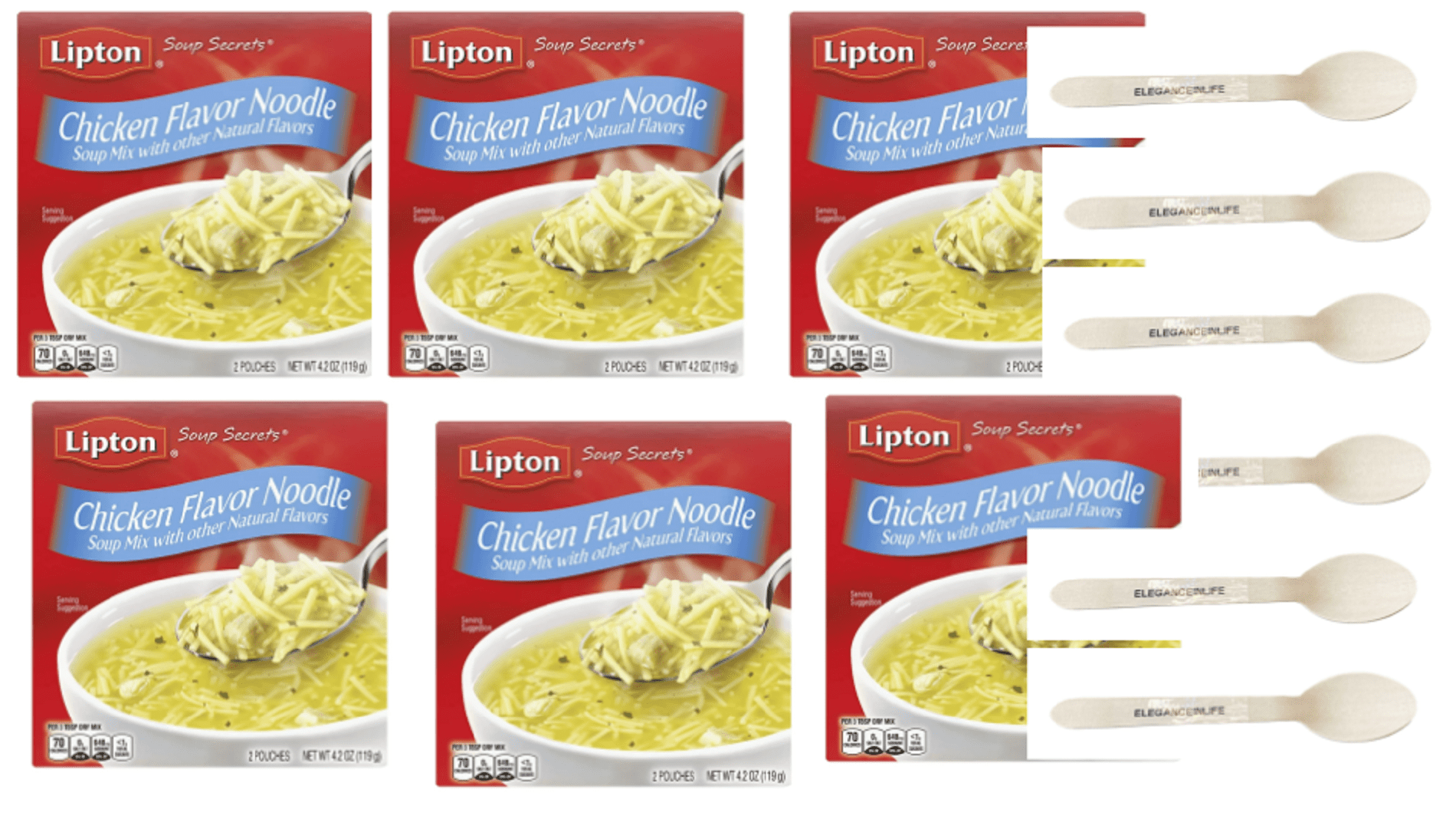Lipton Soup Secrets Instant Soup Mix Chicken Noodle 4.2 Ounce + Eleganceinlife Wooden Spoon 6pk ...