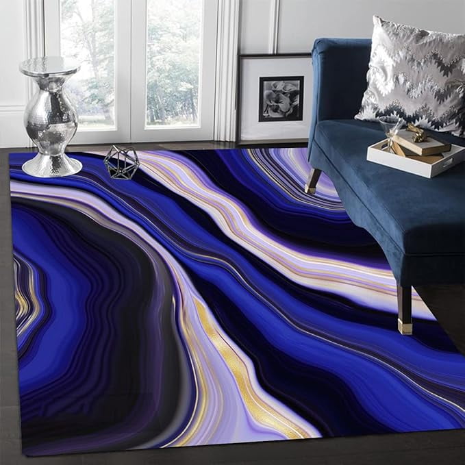 Liquid Abstract Modern Area Rug Blue Black Gold Marble Swirl Rug For ...