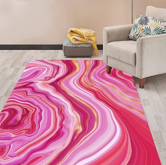 Liquid Abstract Modern Pink Gold Marble Area Rug Washable Soft Thick ...