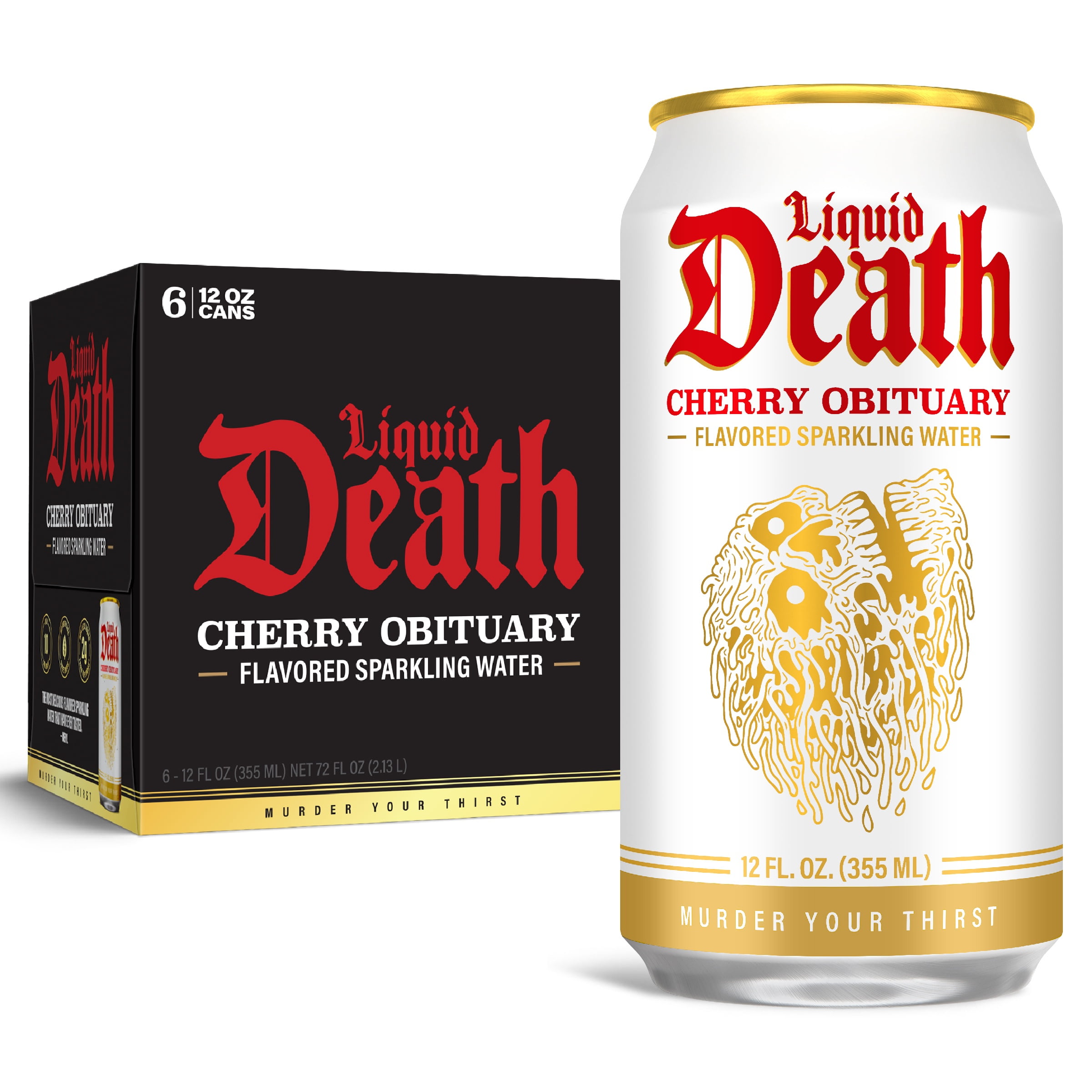 Liquid Death, Cherry Obituary, Cherry-Flavored Sparkling Water, 6-Pack (12oz Cans), Low Calorie ...