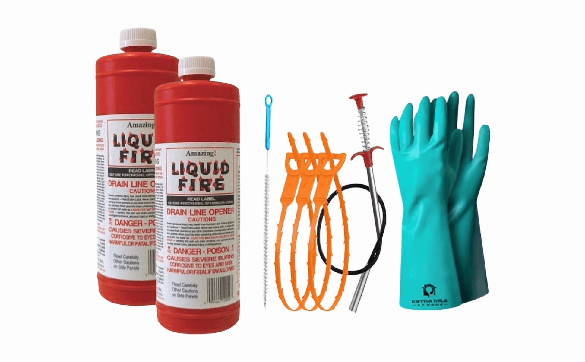 Liquid Fire Two Pack Drain Opener Kit, 32 oz Bottles with Cleaning ...
