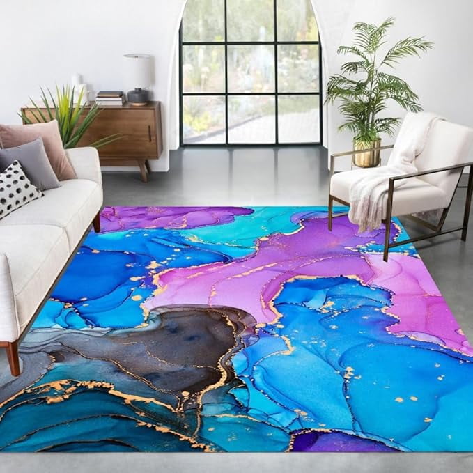 Liquid Marble Swirl Modern Abstract Blue Purple Gold Area Rug Large Rug ...