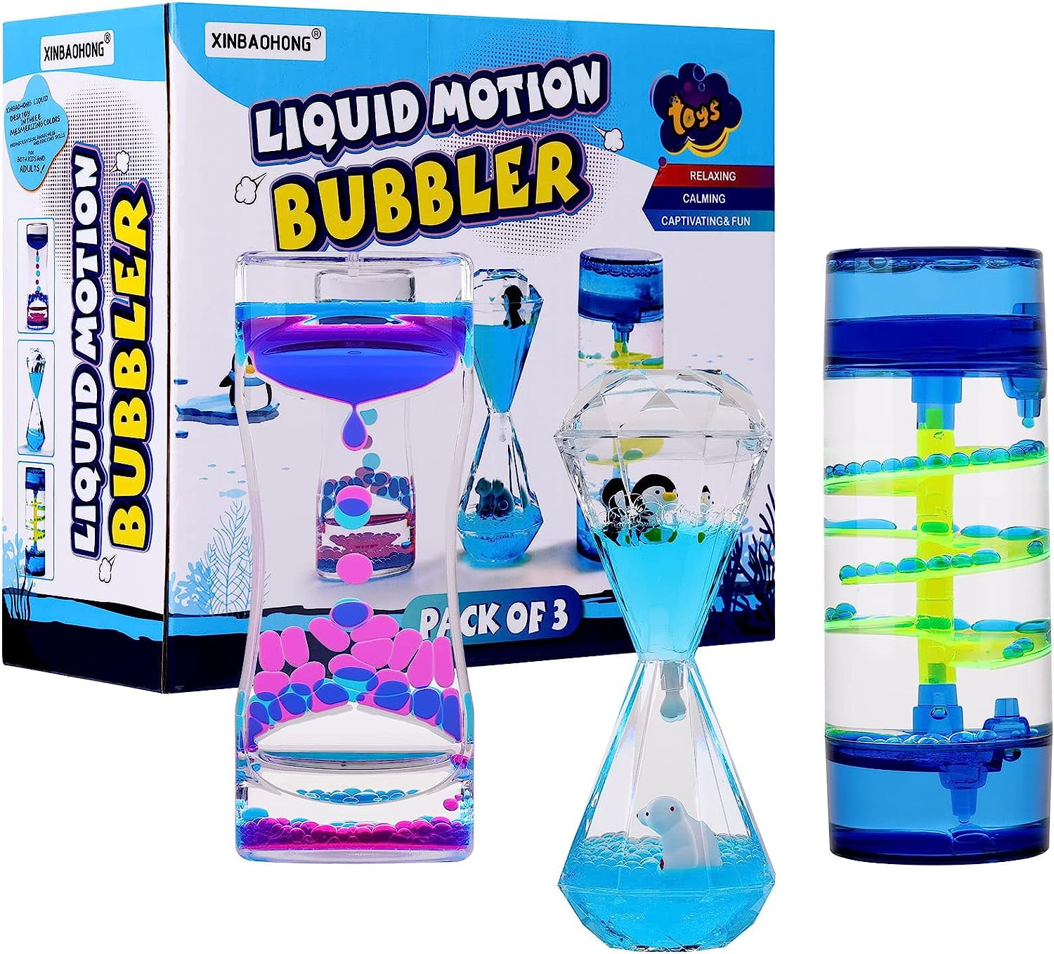 Liquid Motion Bubbler for Kids and Adults 3-Pack Hourglass Liquid ...