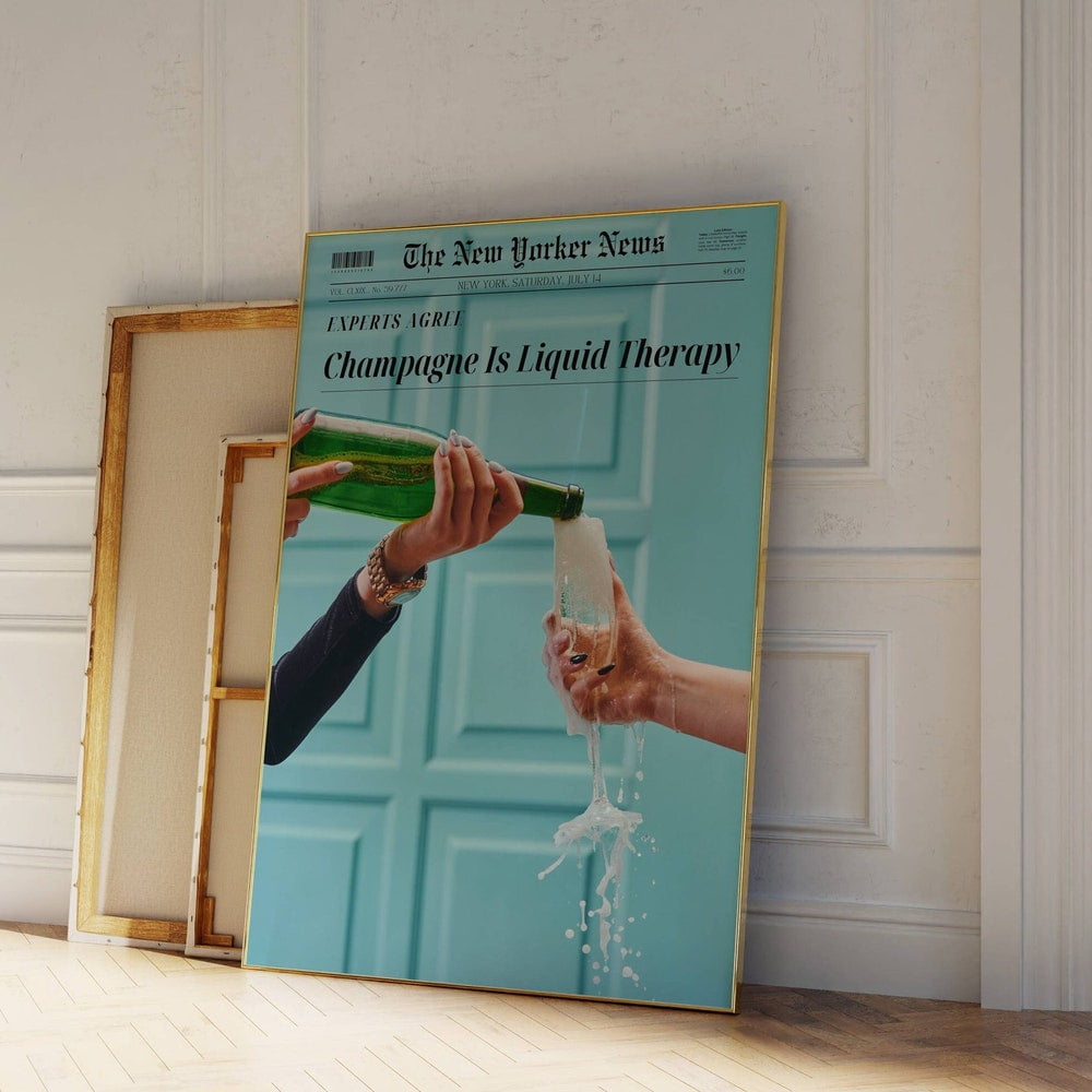 Liquid Therapy Newspaper Headline Poster, Champagne Wall Art, Retro Bar ...