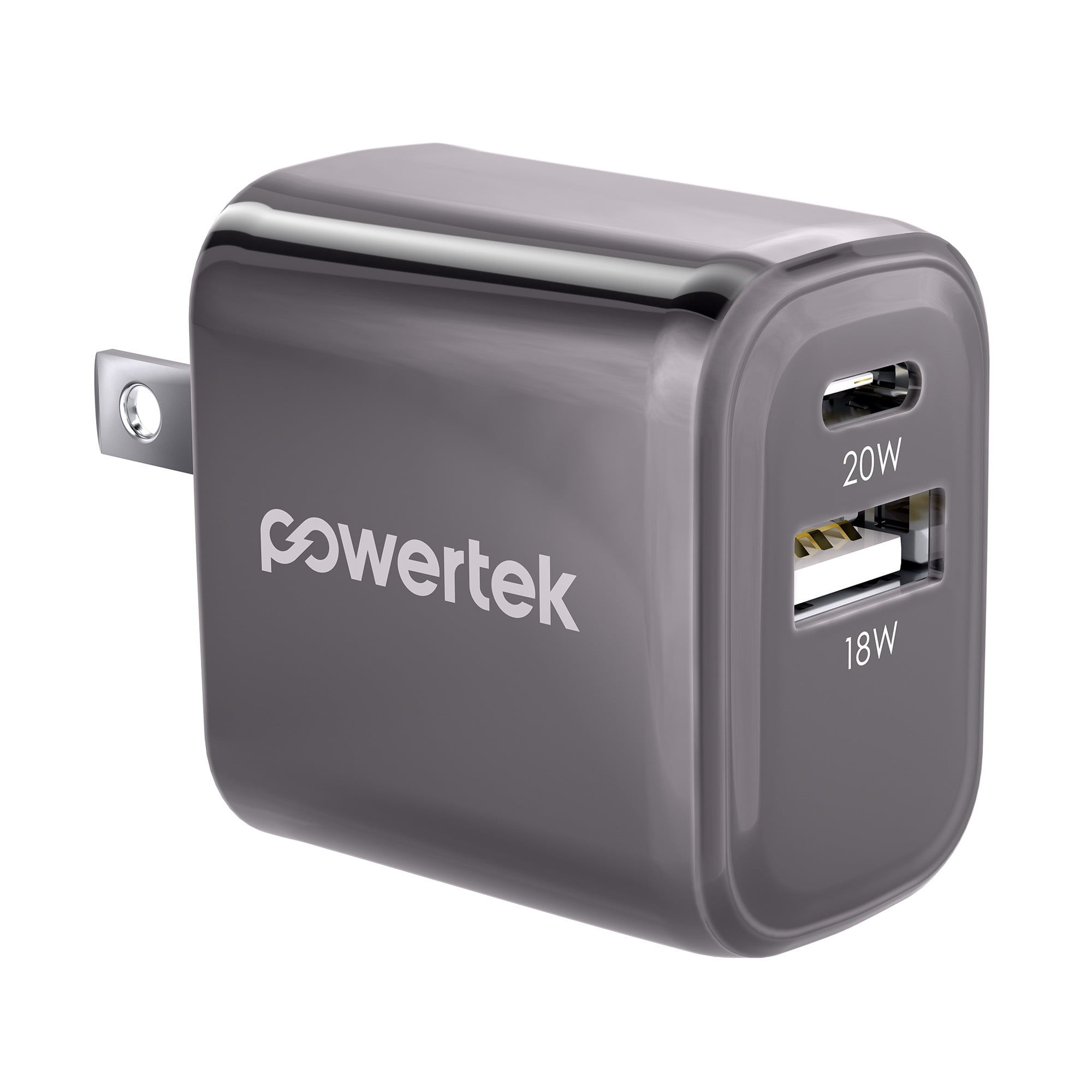 Powertek 20W USB-C PD + 18W USB-A Dual Port Wall Charger, Metallic ...