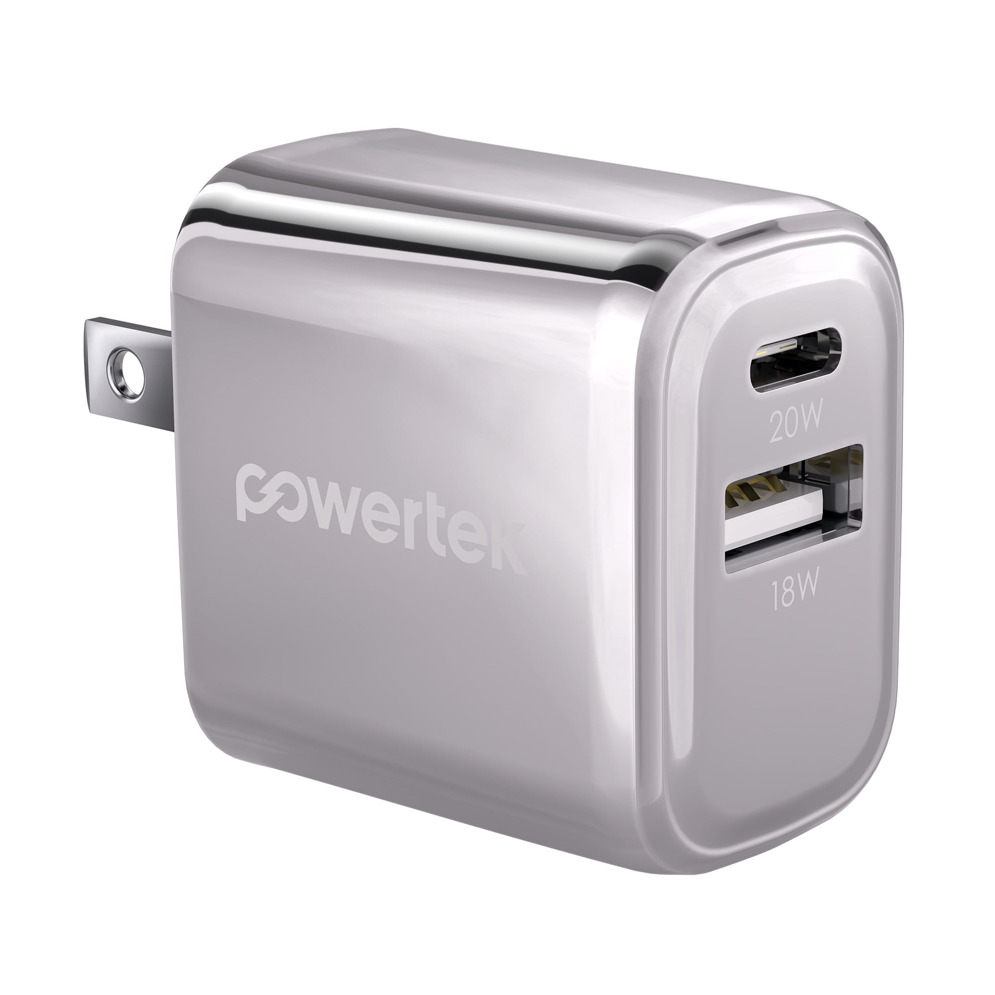 Powertek 20W USB-C PD + 18W USB-A Dual Port Wall Charger, Metallic ...