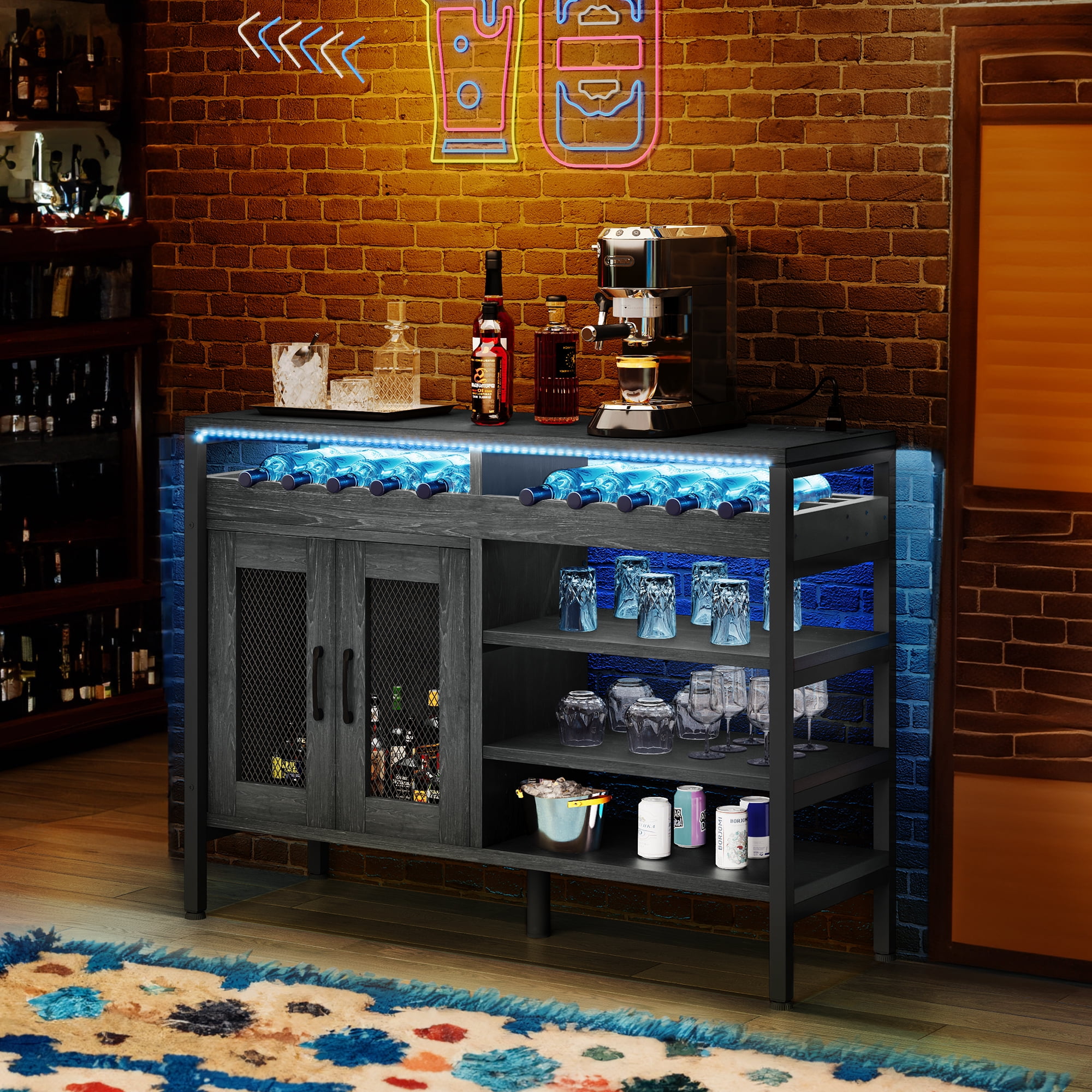 Liquor Cabinet Bar for Home, 47" Industrial Wine Buffet Cabinet with ...