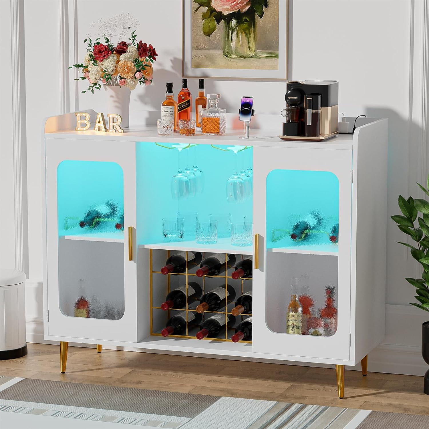 Liquor Cabinet Bar with Power Outlet and LED Light, Wine Bar Cabinet ...