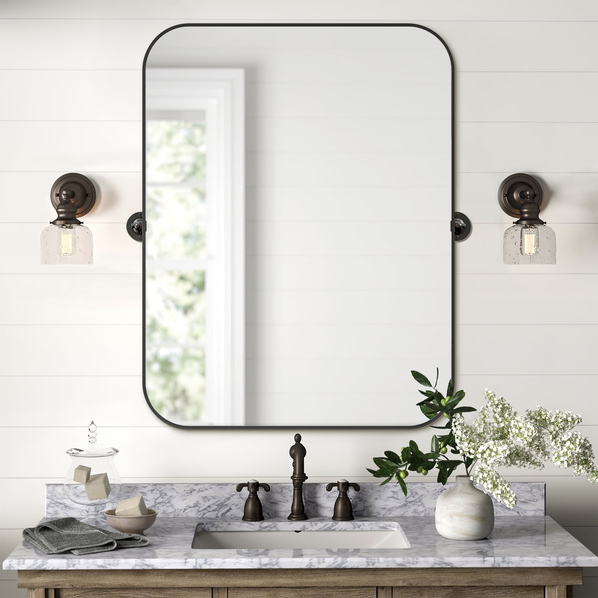 Lirago 32" x 24" Rectangular Wall Mirror Pivot for Bathroom, Metal ...