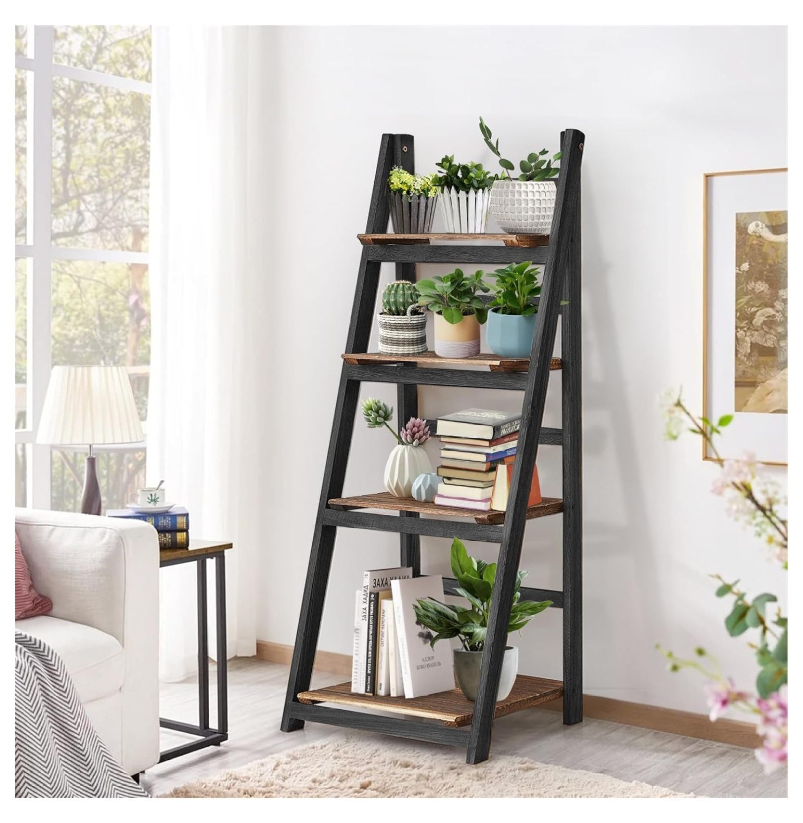 Lirted 4 Tier Ladder Shelf, Wooden Ladder Shelf, Industrial 4 Tier ...
