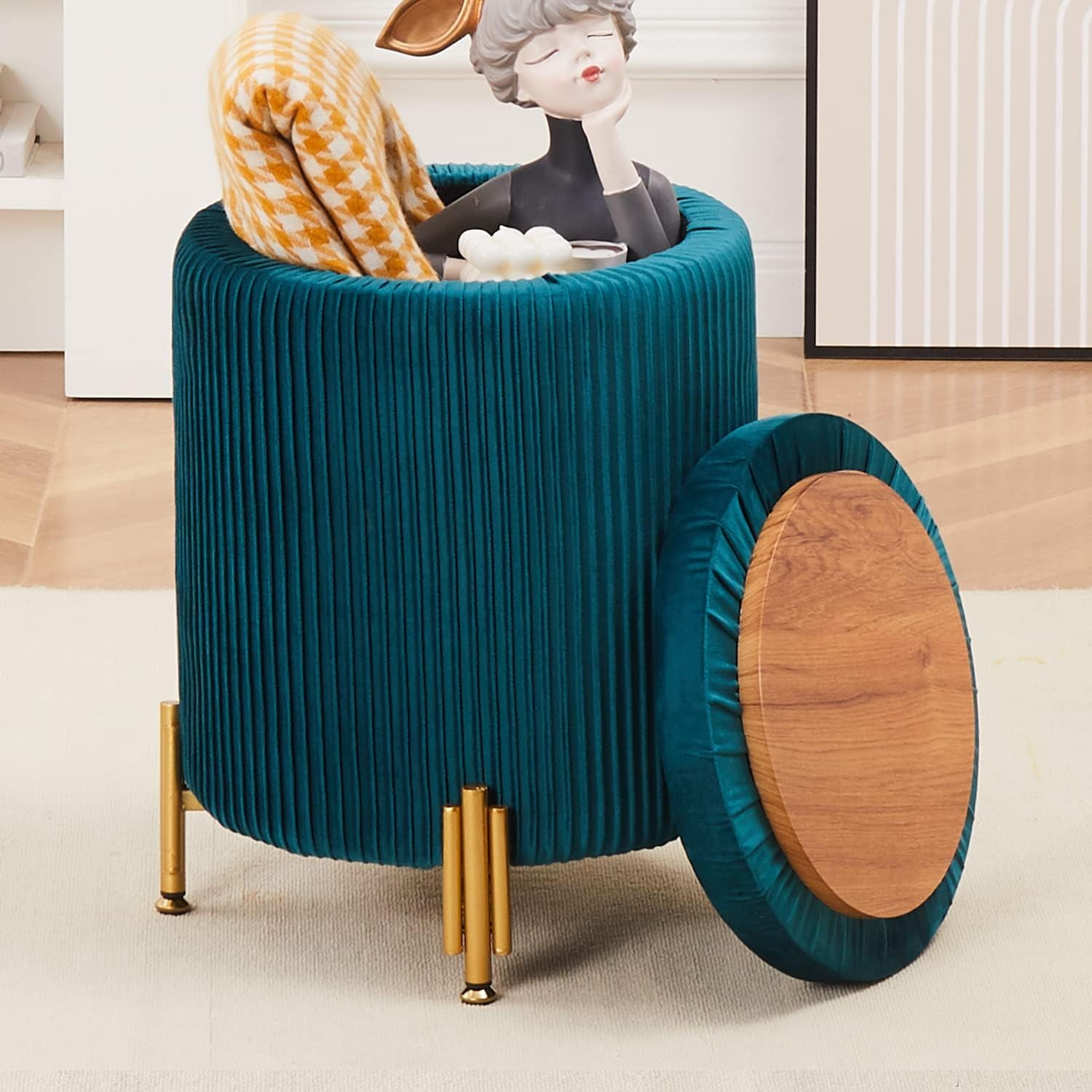 Lirted Round Ottoman Foot Stool with Storage and Metal Legs for Living ...