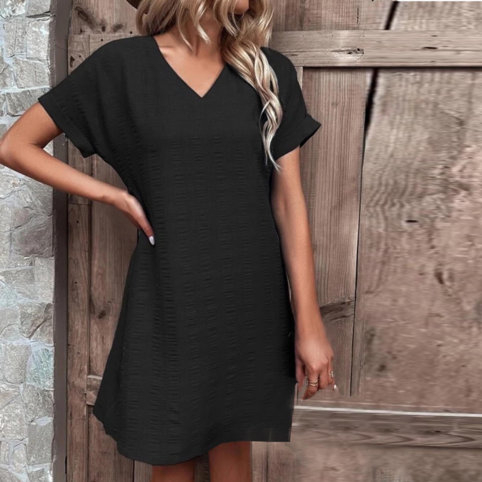 Lisbinx Dresses for Women 2025 Short Sleeve V-Neck Solid Sun Dress ...