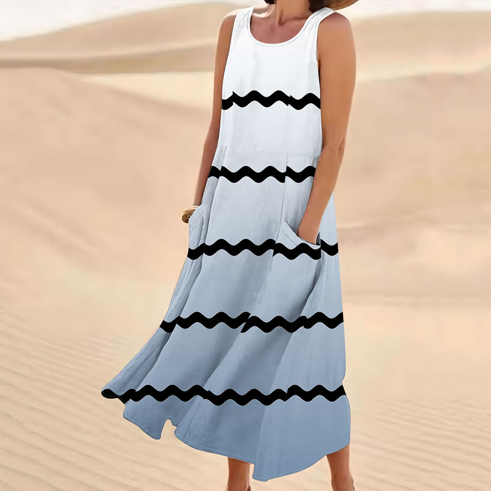 Lisbinx Dresses for Women 2025 Sleeveless Crew Neck Plain Cutout Tank ...