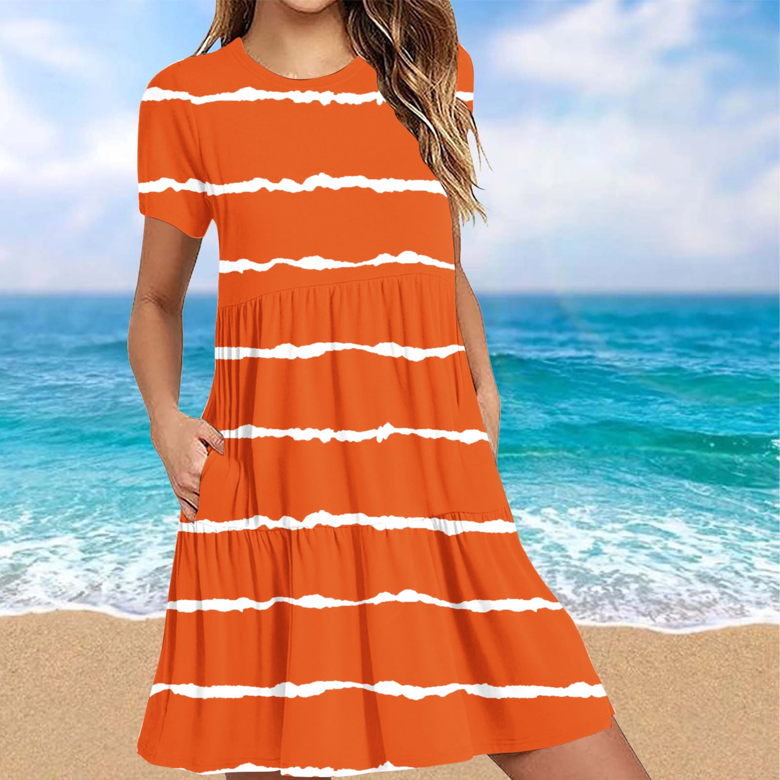 Lisbinx Sun Dresses for Women 2025 Vacation Short Sleeve Crew Neck ...