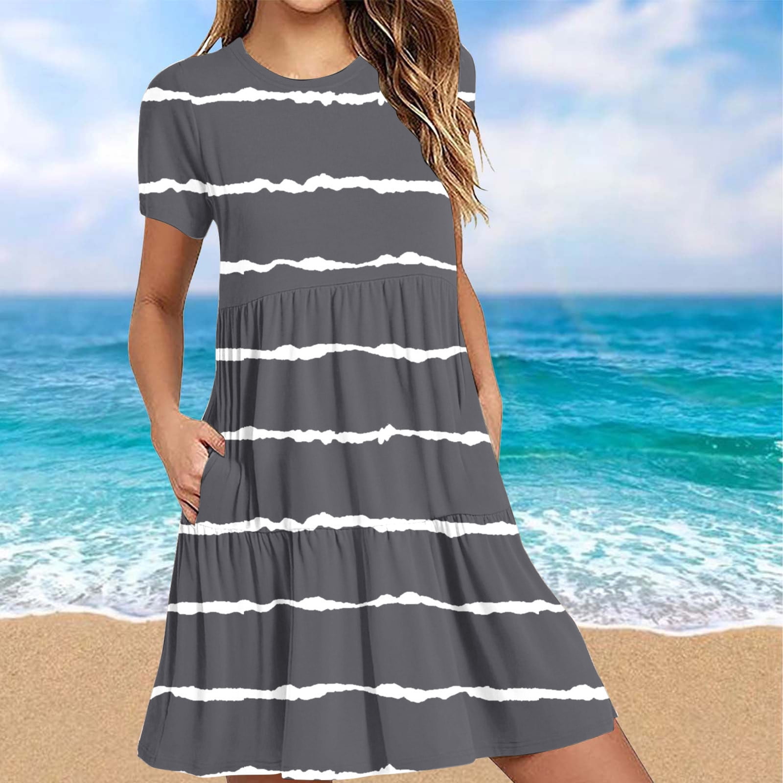 Lisbinx Sun Dresses for Women 2025 Vacation Short Sleeve Crew Neck ...