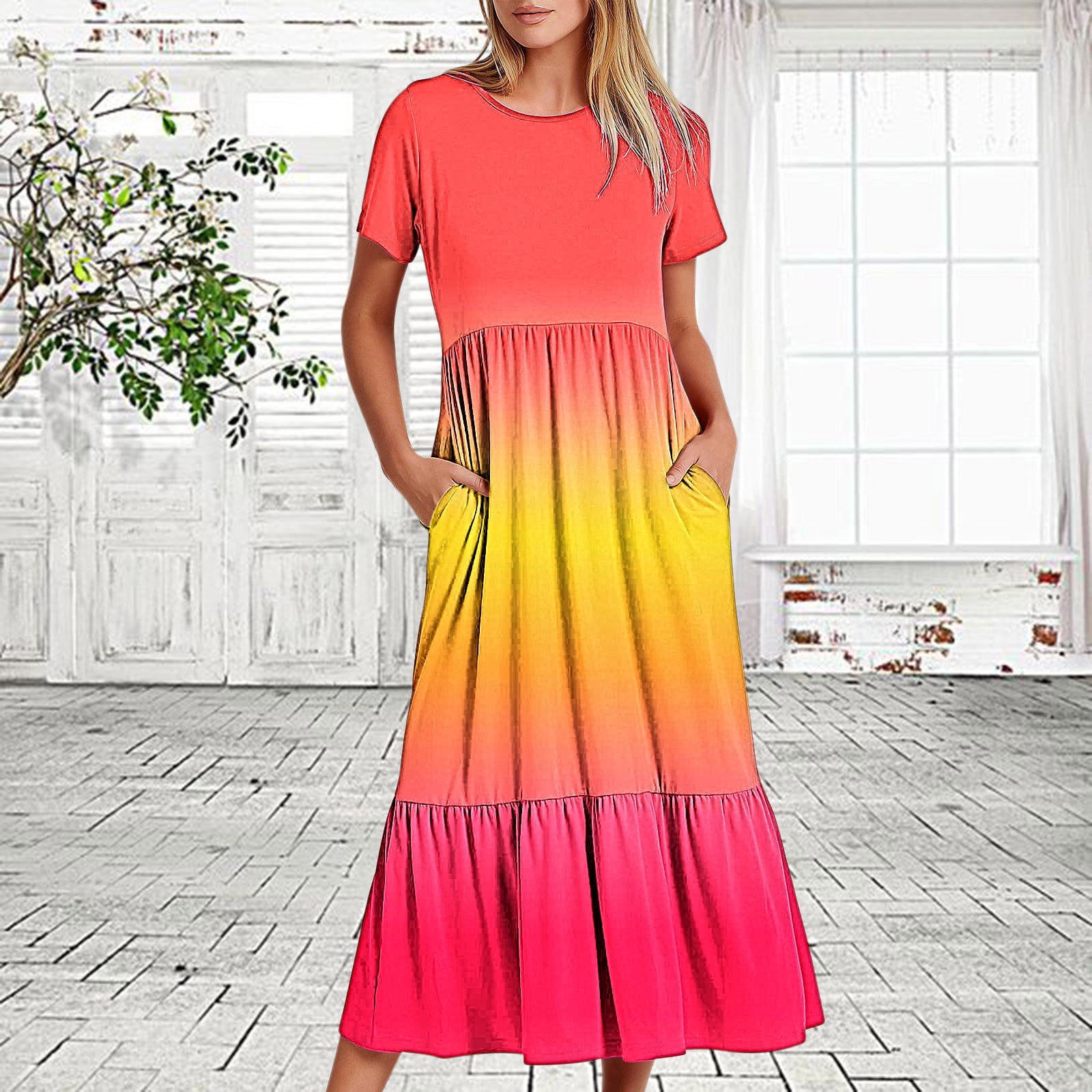 Lisbinx Vacation Dresses for Women 2025 Short Sleeve Crew Neck Gradient ...