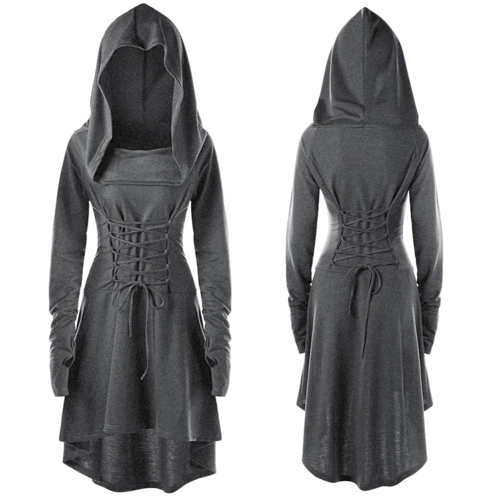 Lisgai Halloween Costumes for Women Lace Up Hooded Gothic Cloak Dress ...