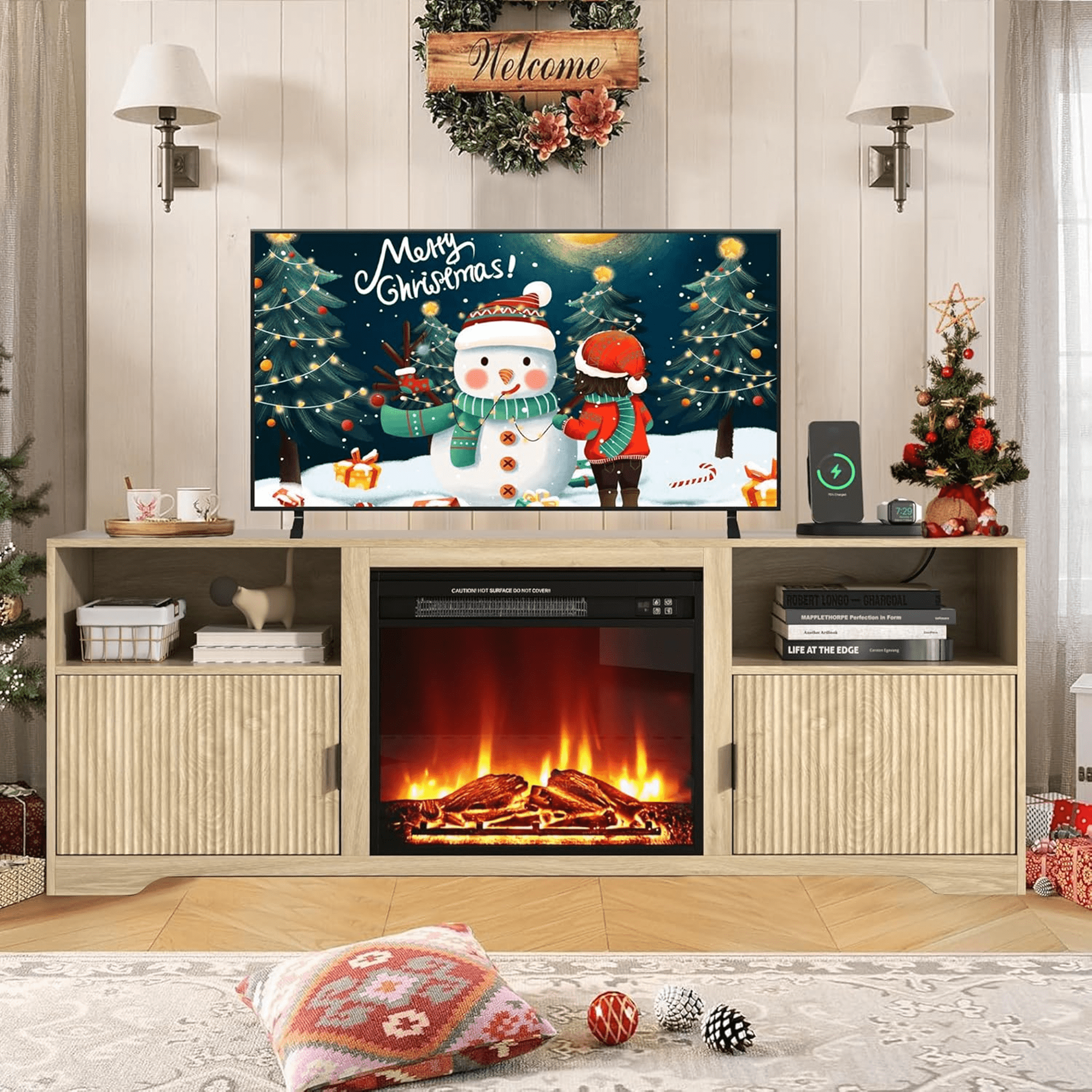 Lisicues Fireplace TV Stand for 80 Inch TV, 68" Farmhouse Entertainment ...