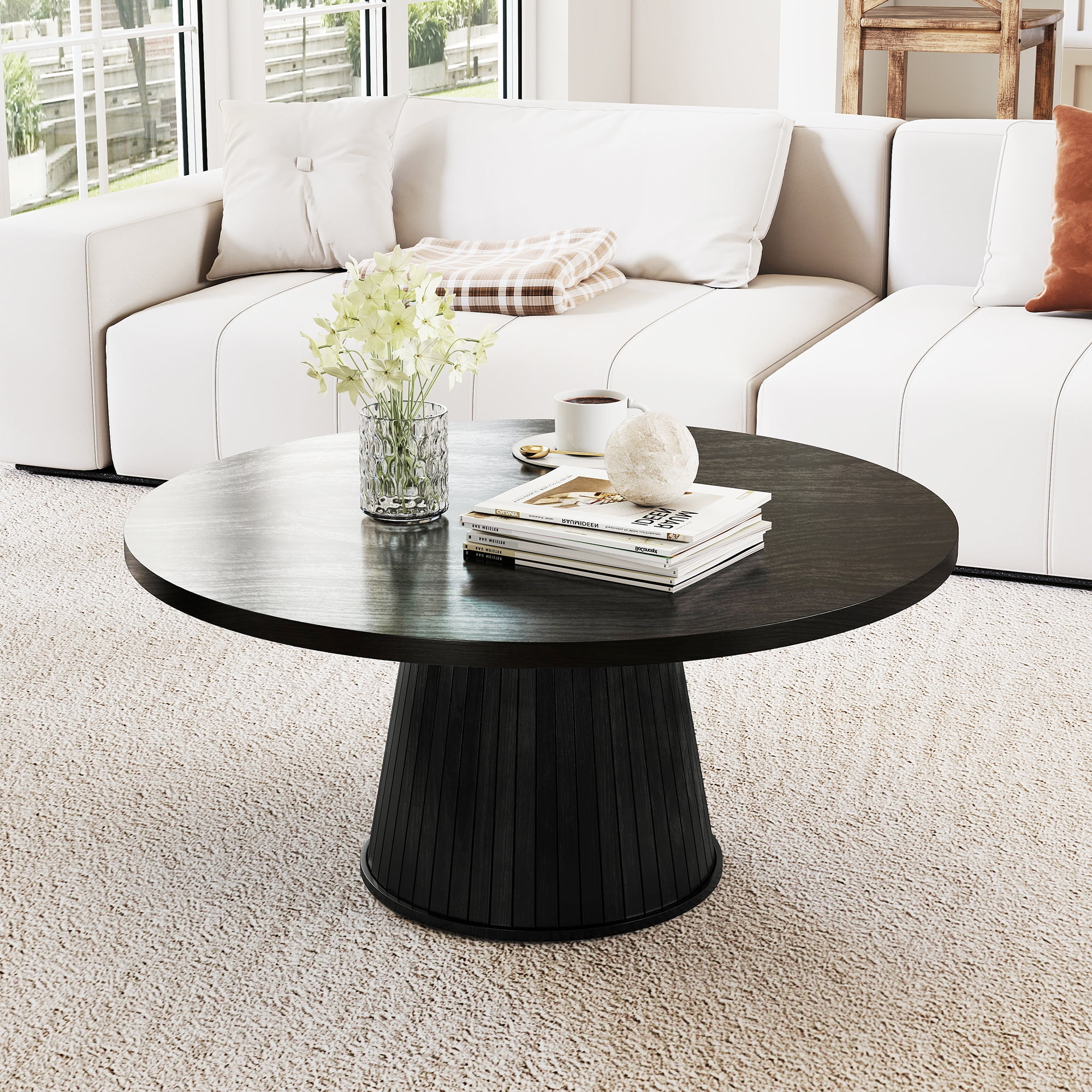 Lisicues Fluted Round Coffee Table, Circle Center Table Accent Tea ...