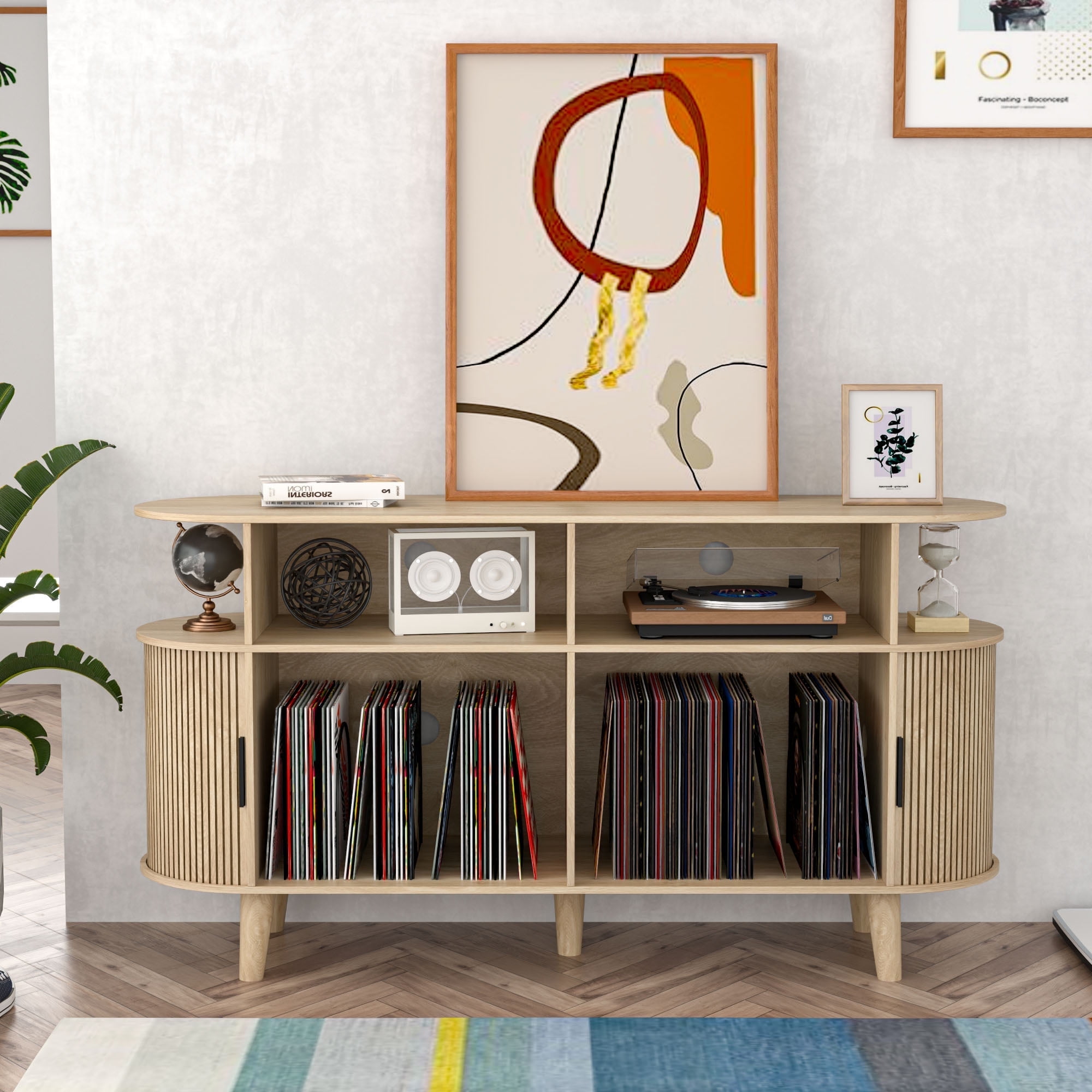 Lisicues Mid-Century Modern Record Player Stand, Large Vinyl Record ...