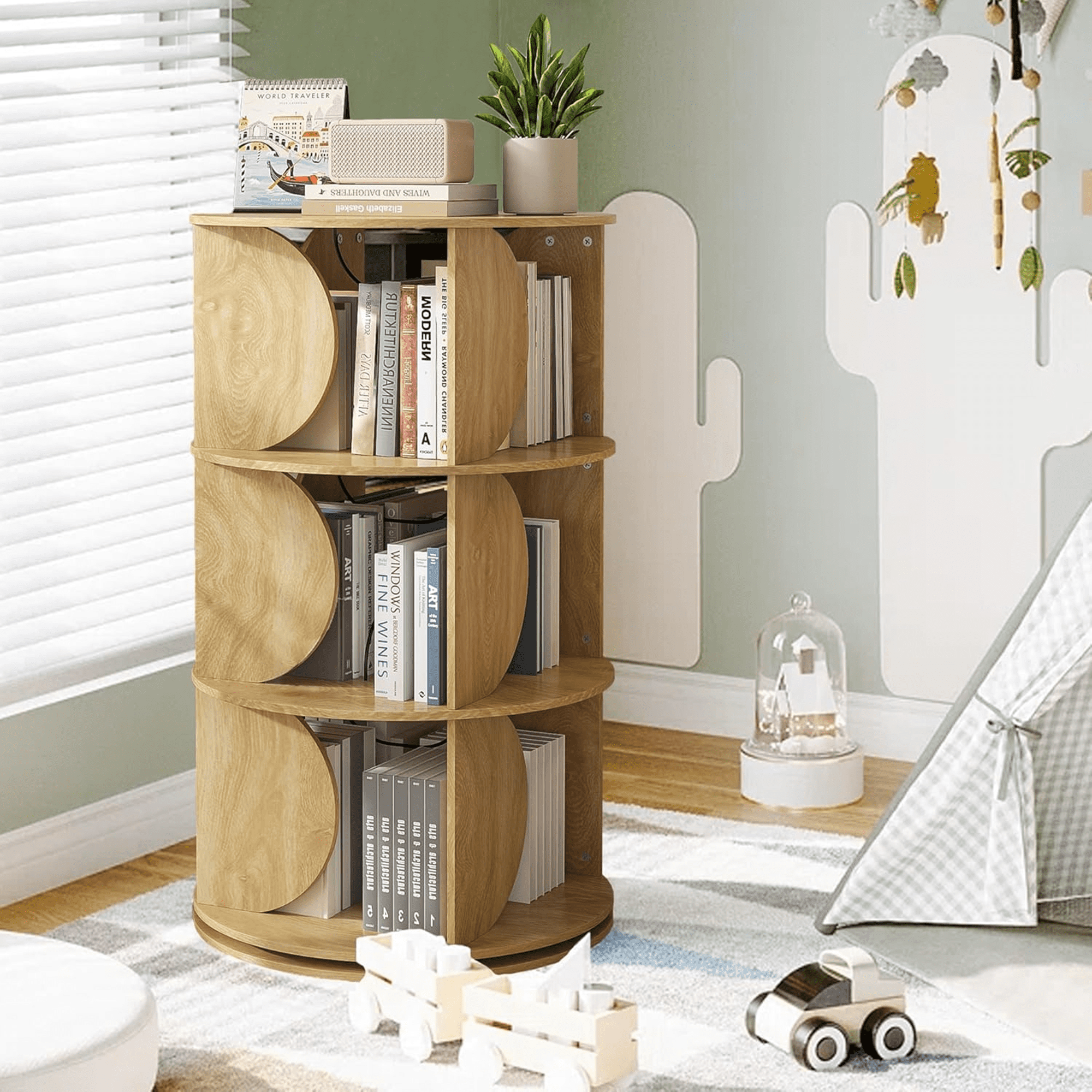 Lisicues Rotating Bookshelf 360 Display, 3 Tier Floor Standing Bookcase ...