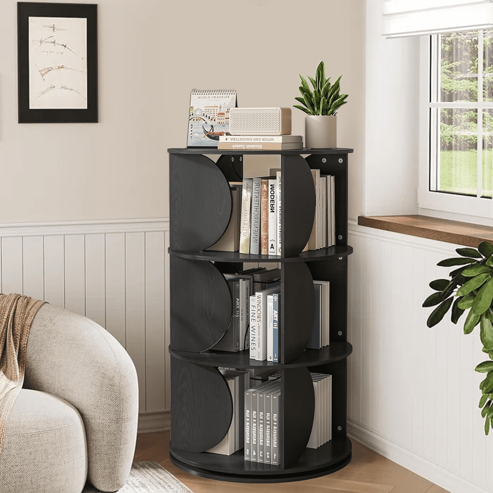 Lisicues Rotating Bookshelf 360 Display, 3 Tier Floor Standing Bookcase ...