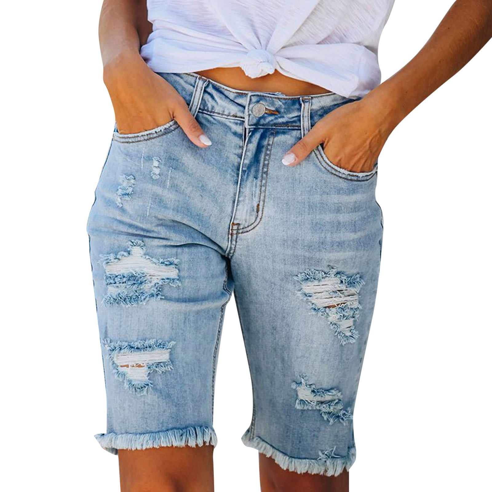Lisingtool Jeans for Women Women's Rhinestone Shorts Mid Waist Ripped ...