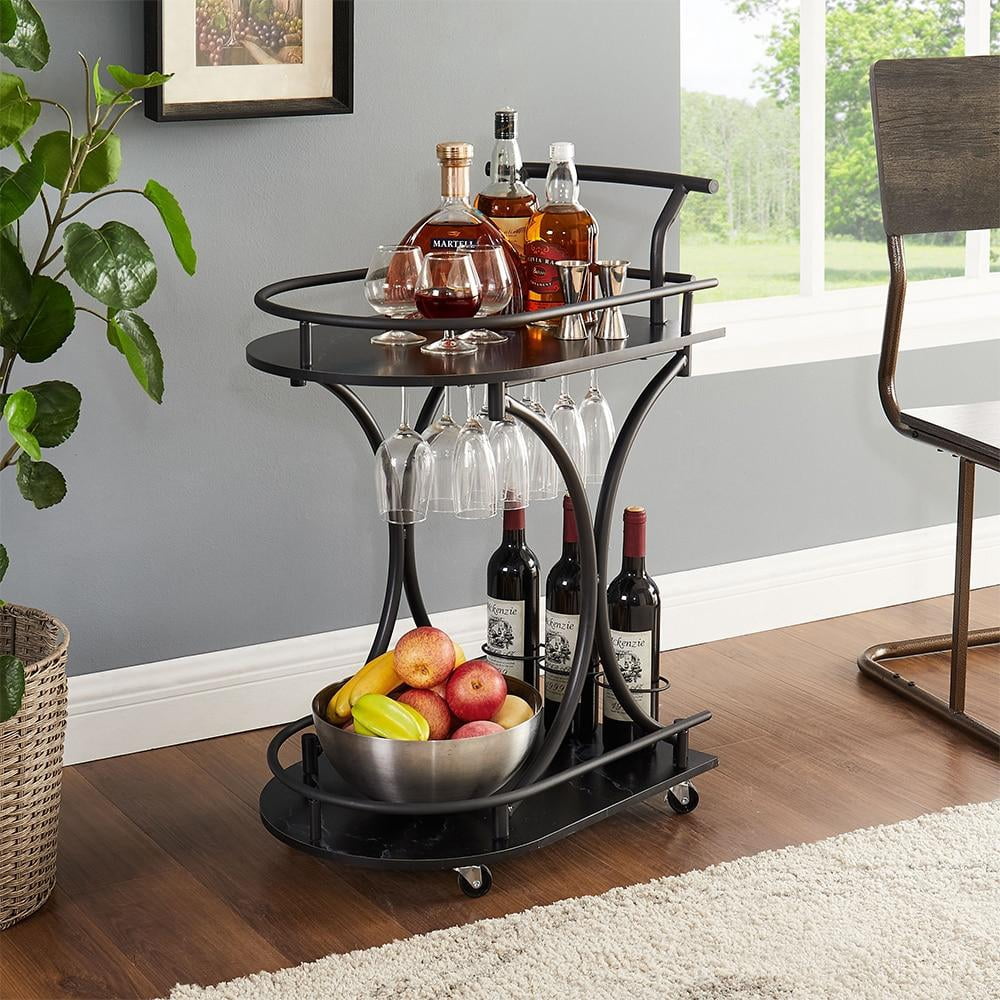 Lisonu 2-Tier Rolling Bar Cart with Wine Rack & Glass Holder, Black ...