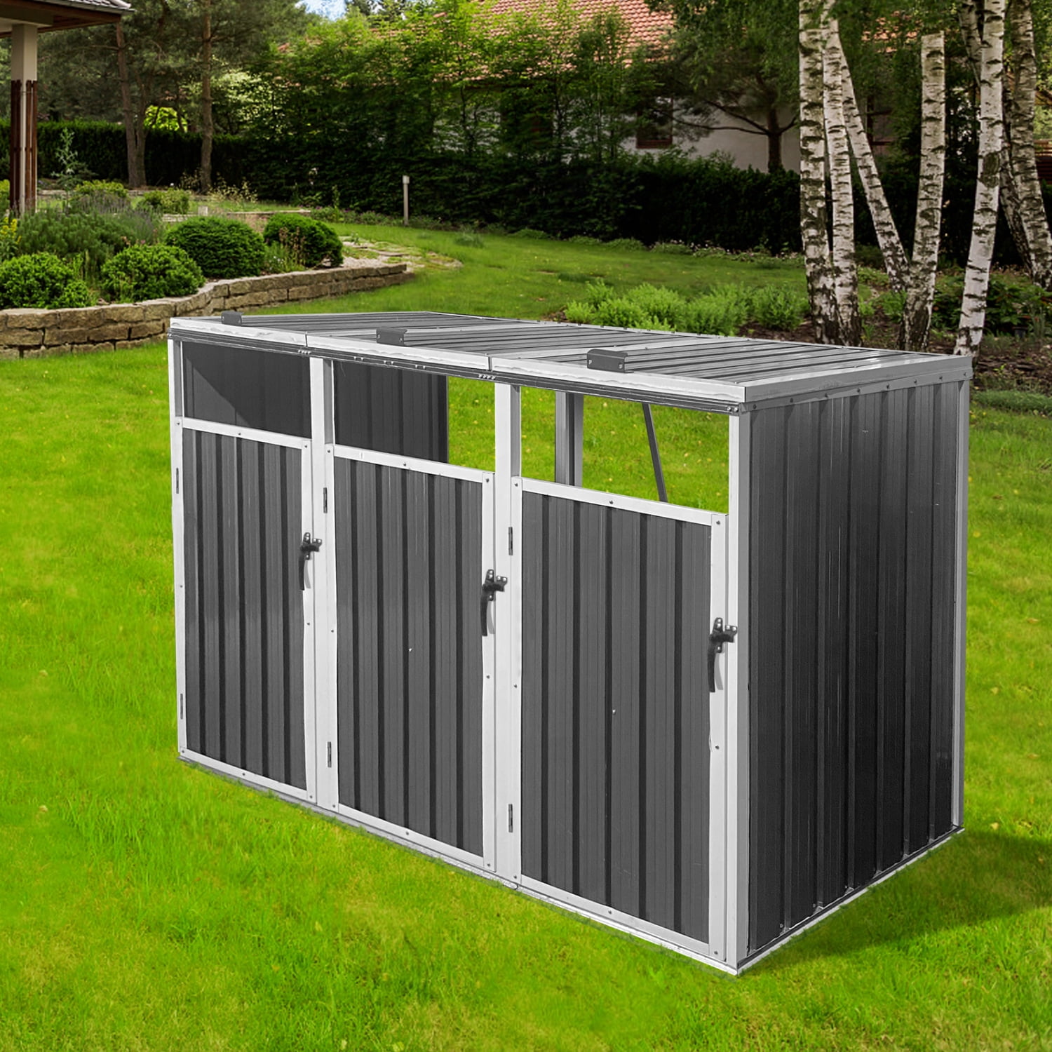 Lisonu 3-Bin Outdoor Trash Can Storage Shed, Galvanized Steel Garbage ...